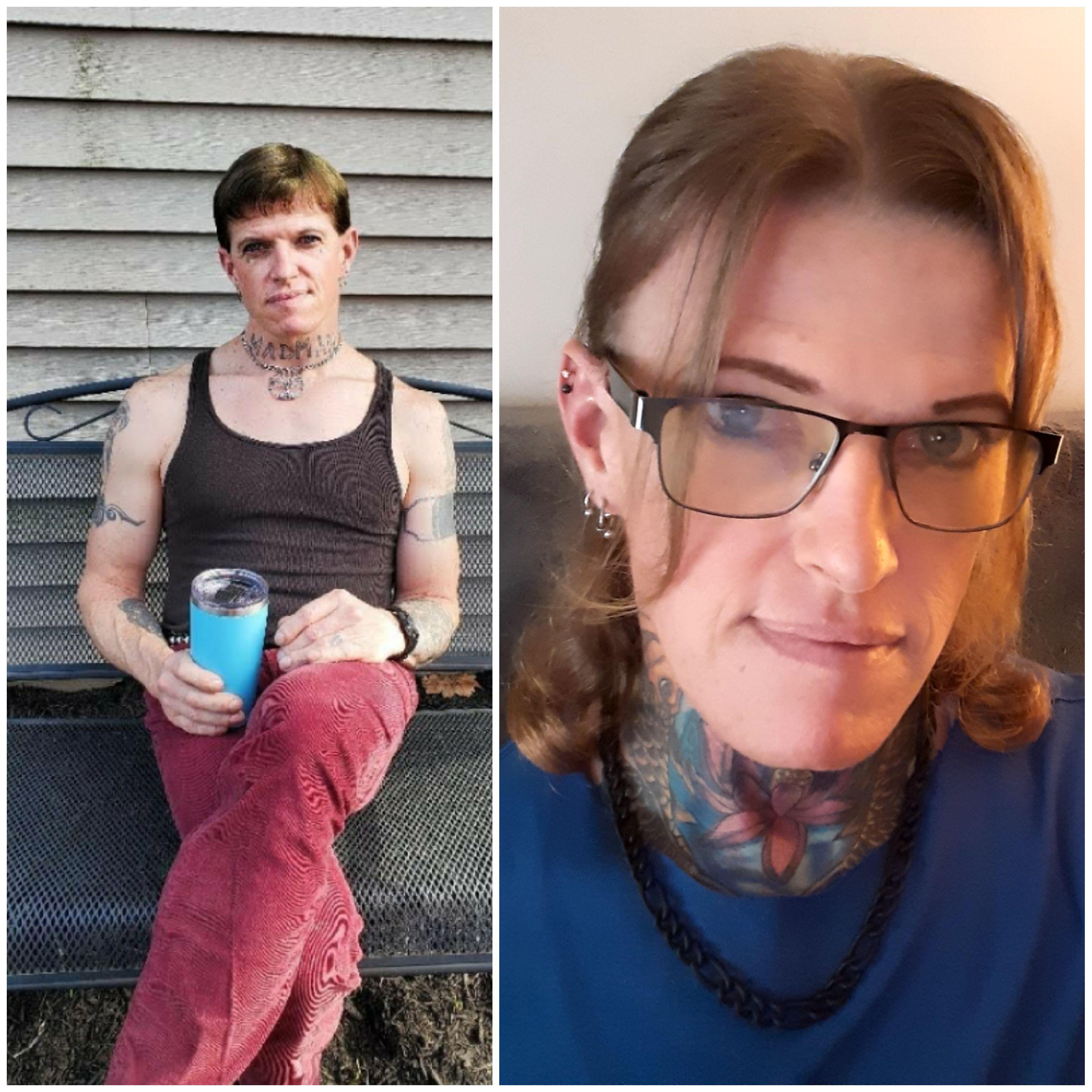 16 months apart. My first day of HRT vs now. I've never felt happier about showing who I am ...