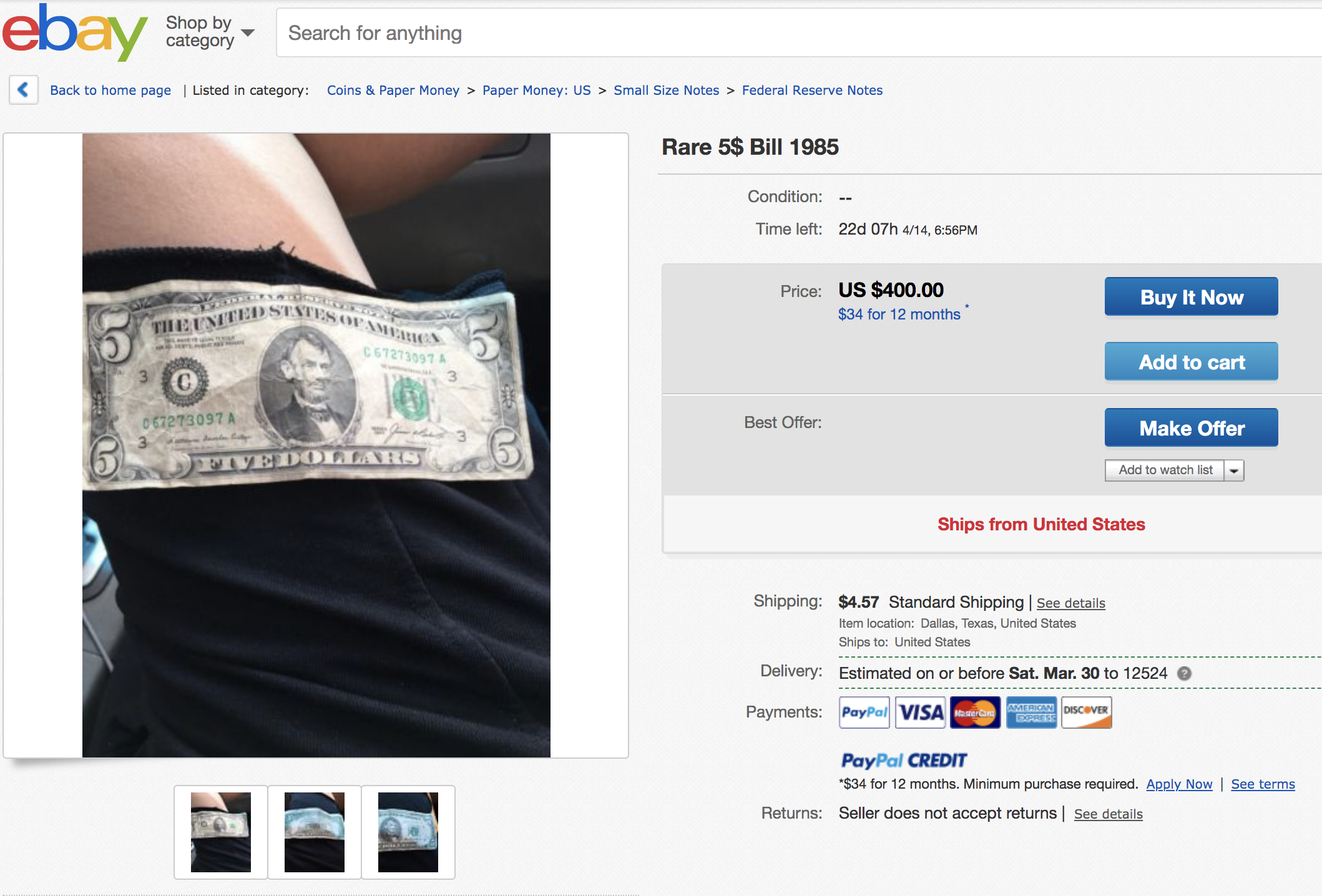 $400 for a "very rare" crumpled 1985 $5 bill | Scrolller