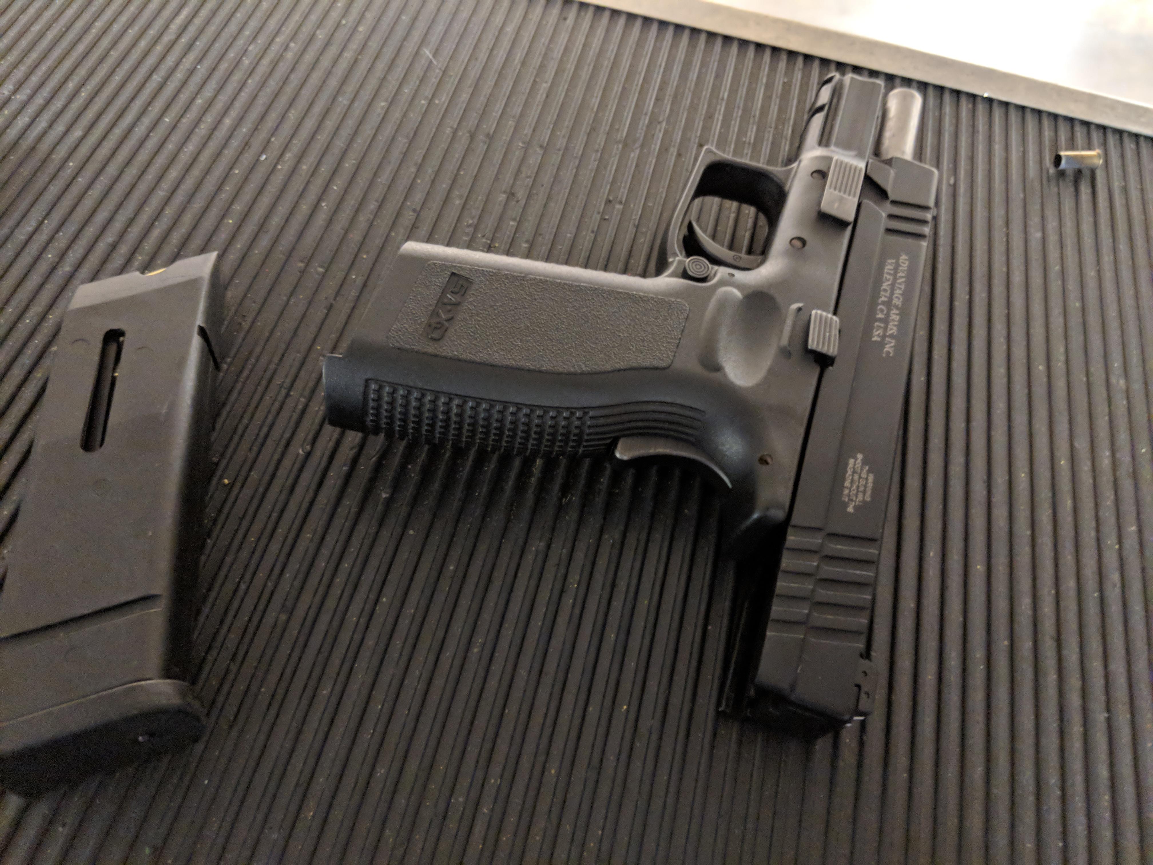 .45 caliber pistol equipped to also shoot .22 caliber bullets. Fairly easy and fun to use ...