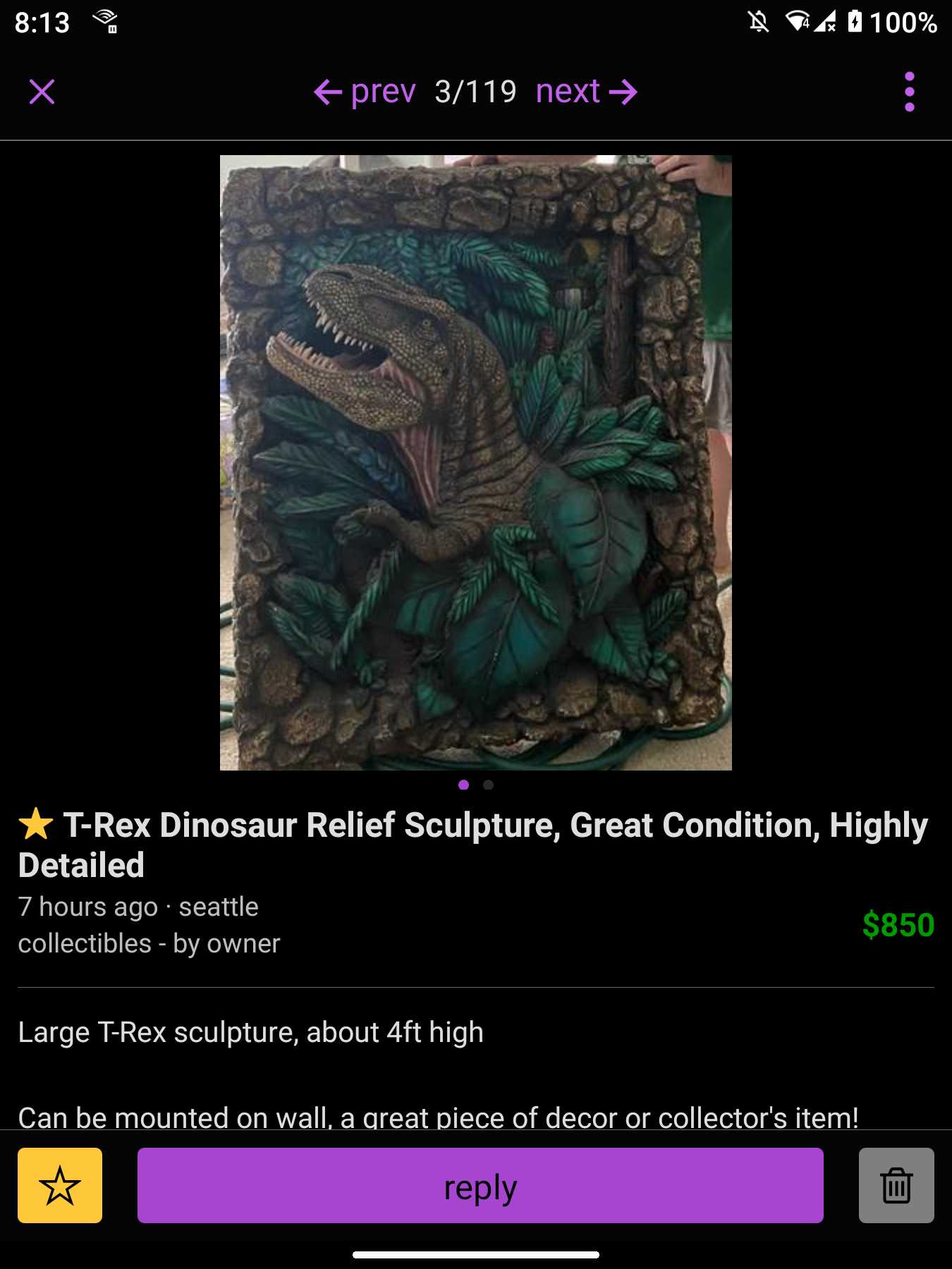 4ft tall T-Rex relief sculpture wall art | Scrolller