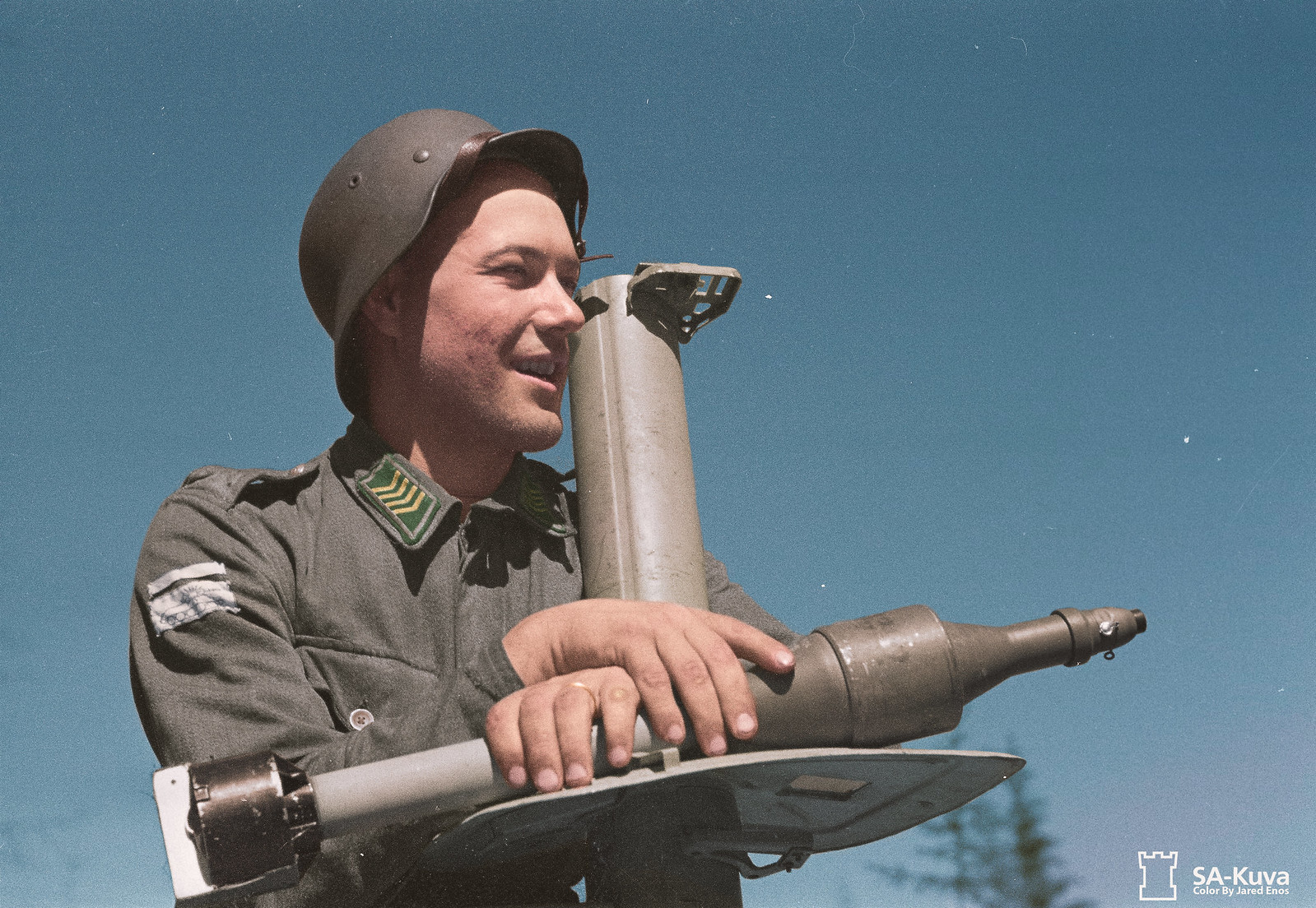 A Finnish soldier poses with his Panzerschreck, which he used to neutralized four Soviet heavy ...