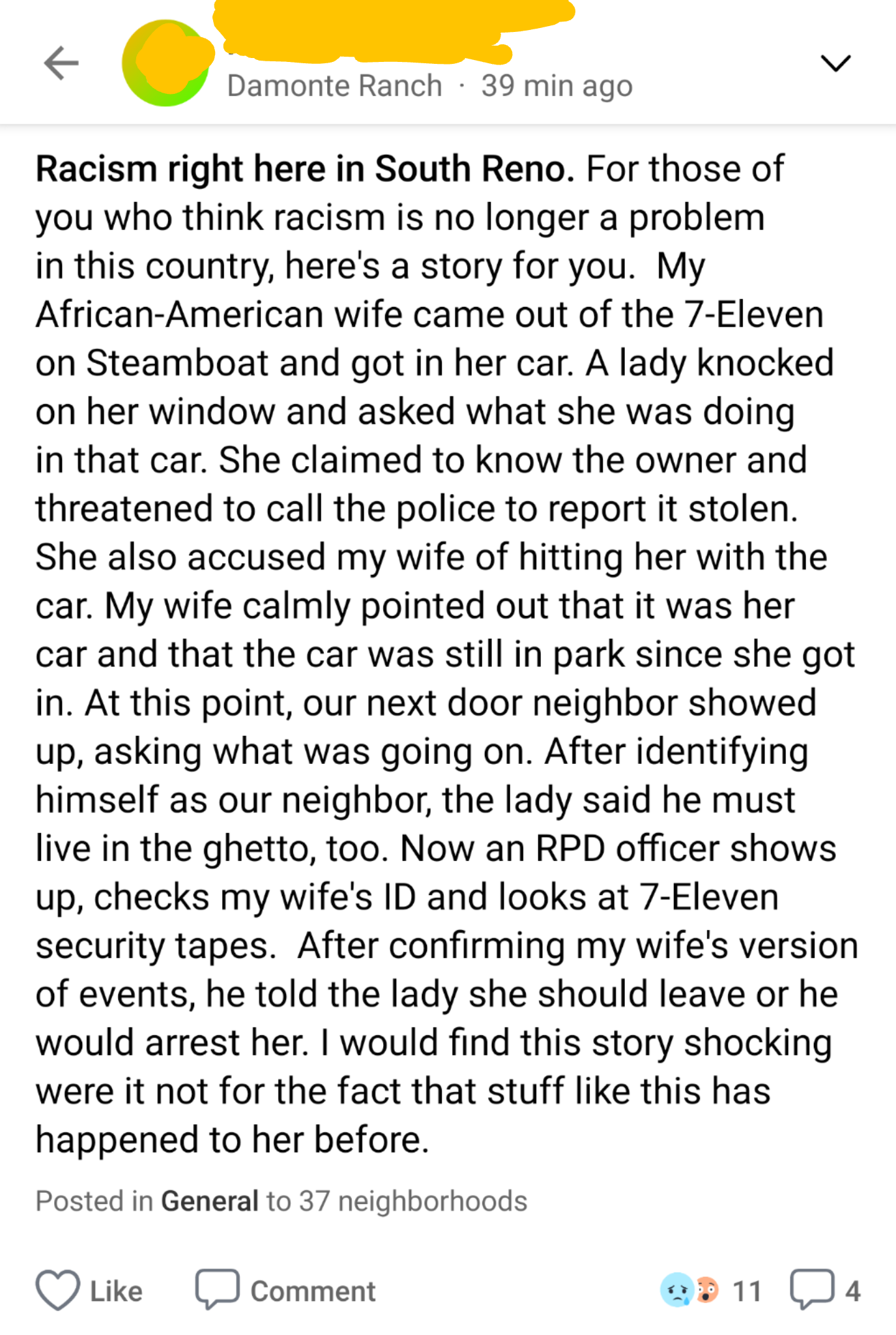 A heartbreaking post I saw today about racism in Reno | Scrolller