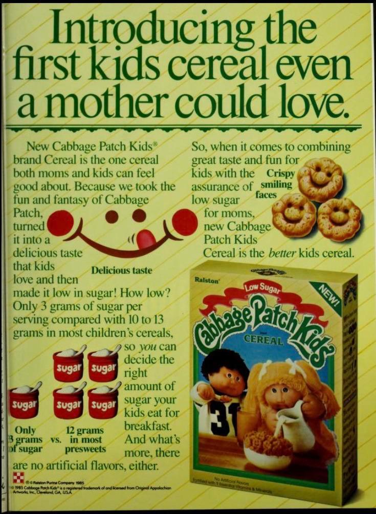 A print advertisement from 1985 for Cabbage Patch Kids cereal. | Scrolller