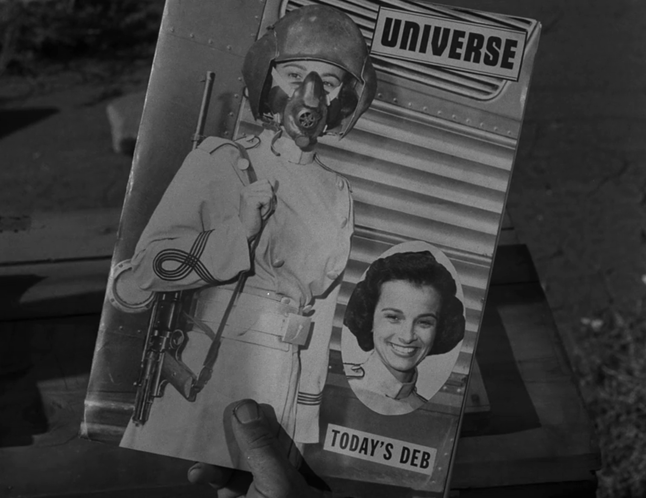 A still from an episode of the Twilight Zone, depicting war propaganda in a futuristic post ...