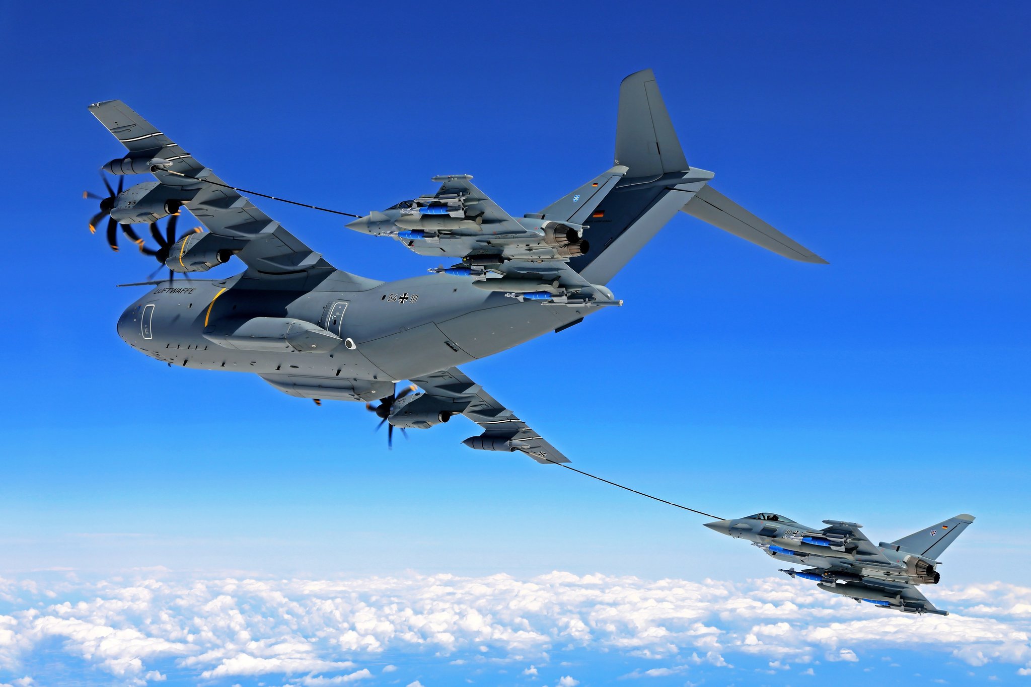 Airbus A400M refueling two EF during a training exercise. [2048x1365]. | Scrolller