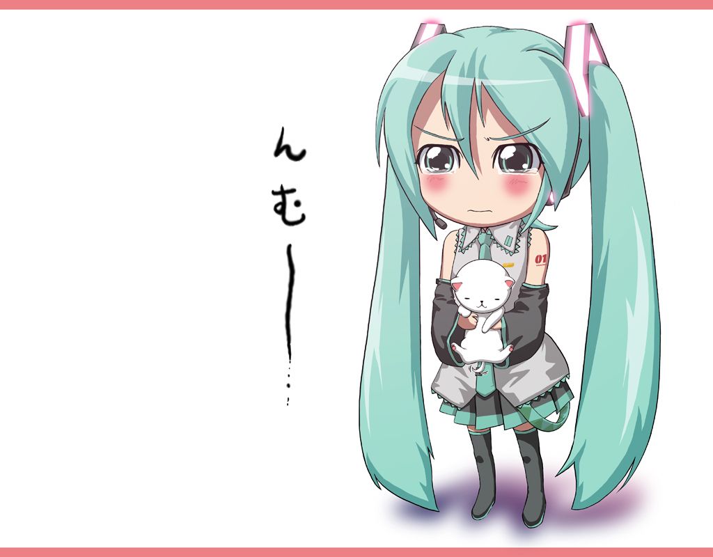 animal aqua_hair blush cat chibi hatsune_miku tears twintails vocaloid ...