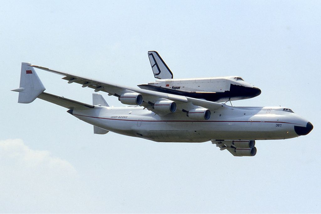 Antonov An-225 Mriya aircraft with the Soviet Space Shuttle Buran on its back at the Paris ...