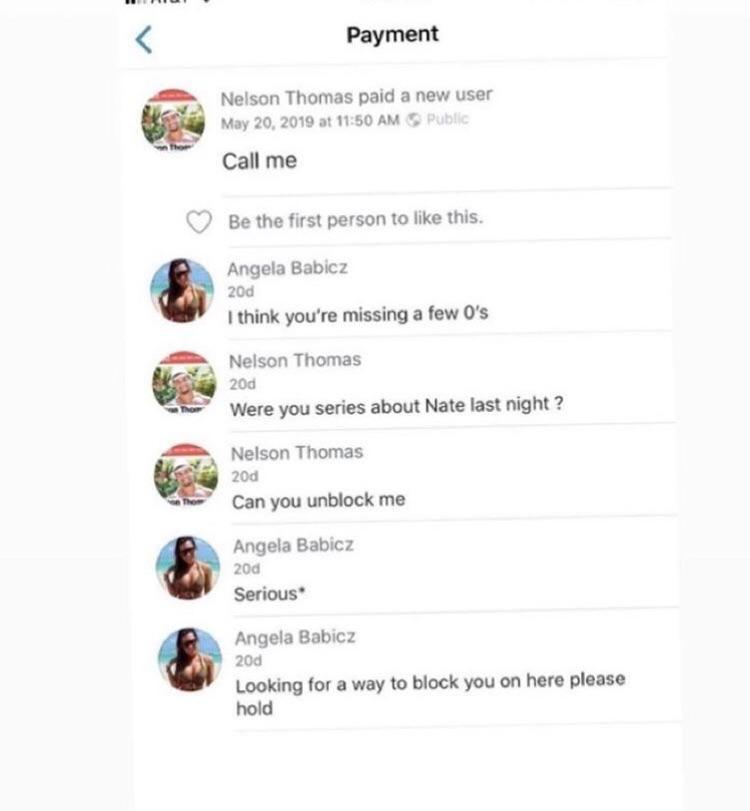 Apparently when Angela blocked off Nelson on everything he tried to reach her through Venmo 😭😭😭 ...