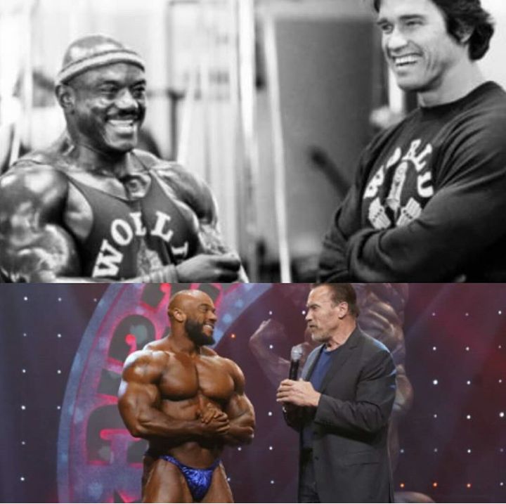 Arnold with Sergio Oliva and decades later, Arnold with Sergio Oliva Jr. | Scrolller