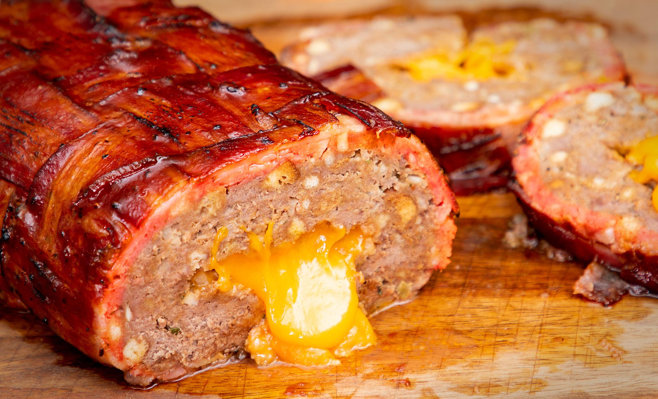 Bacon wrapped cheddar stuffed venison meatloaf with whiskey bbq glaze | Scrolller