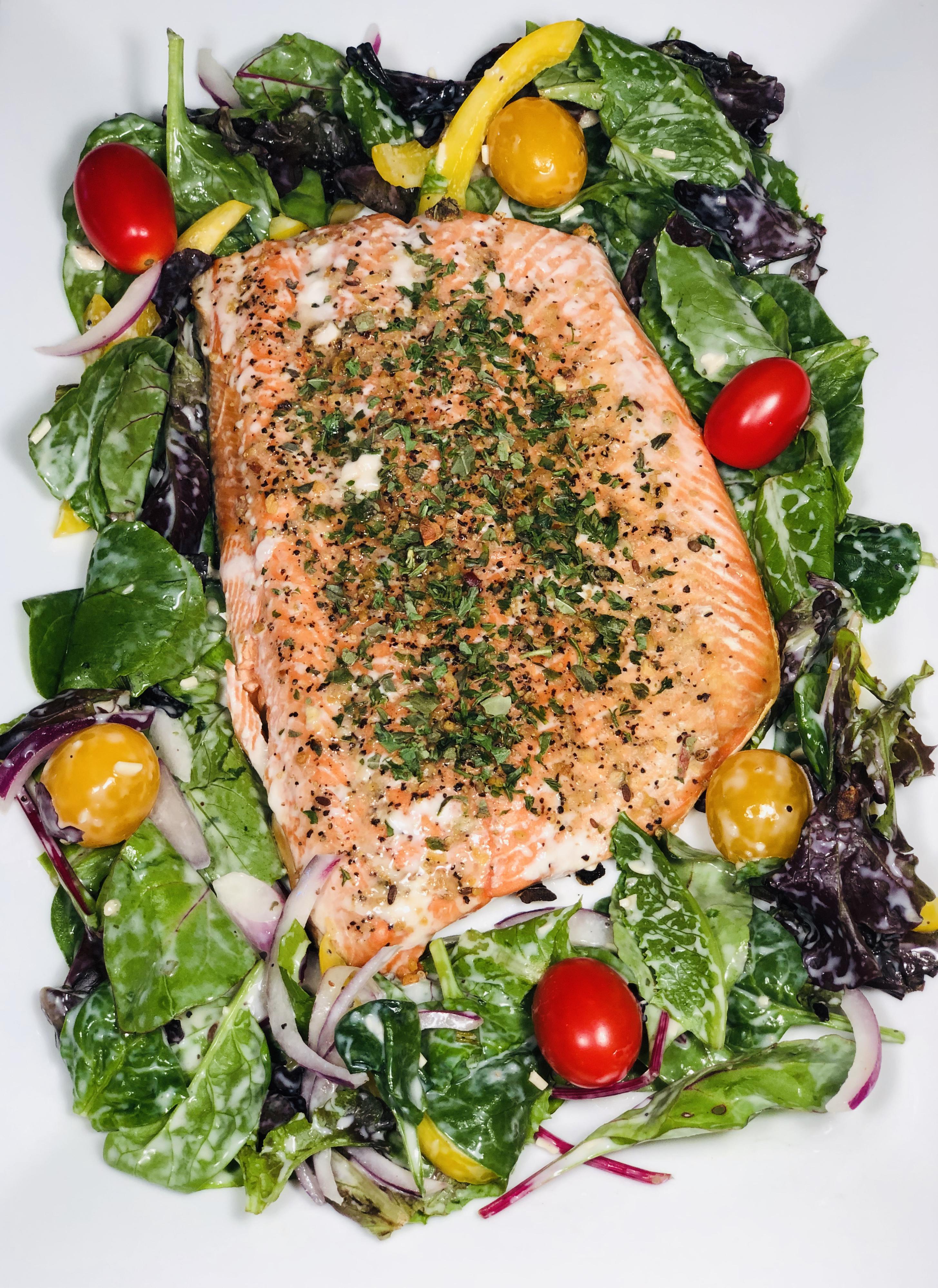 Baked Alaskan Sockeye Salmon with Tossed Salad | Scrolller