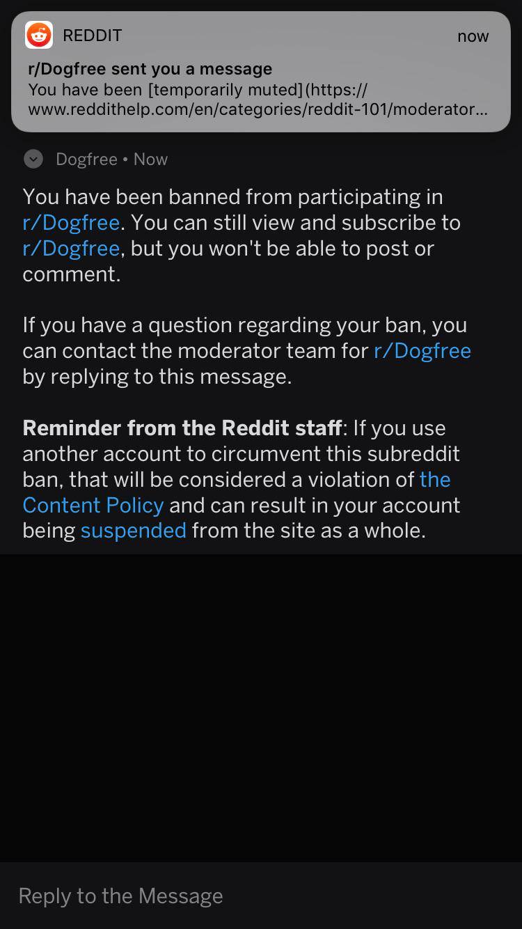 Banned from r/dogfree for calling out bs and trying to have a discussion. | Scrolller