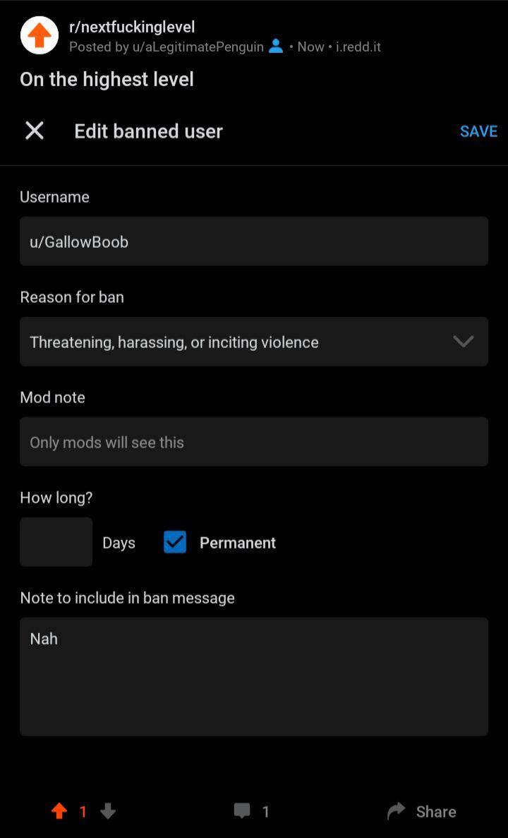 Banned from r/nextfuckinglevel for banning GallowBoob | Scrolller