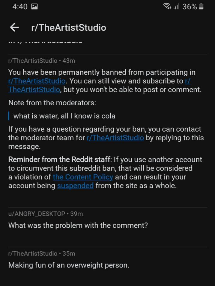 Banned from the artist r/TheArtistStudio for making a whitty comment about water on someone's ...
