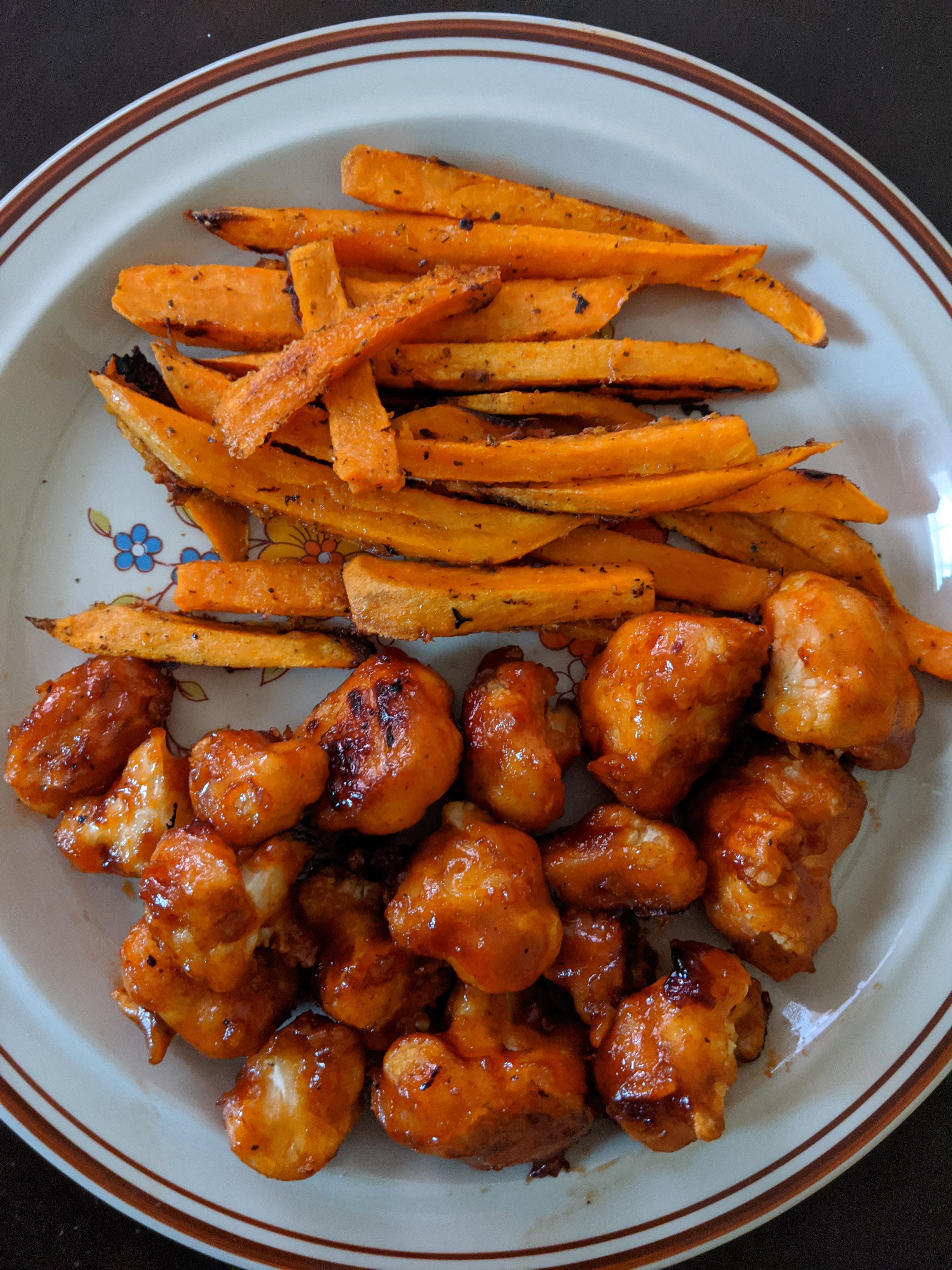 Barbecue Cauliflower Wings with Sweet Potato Fries! | Scrolller