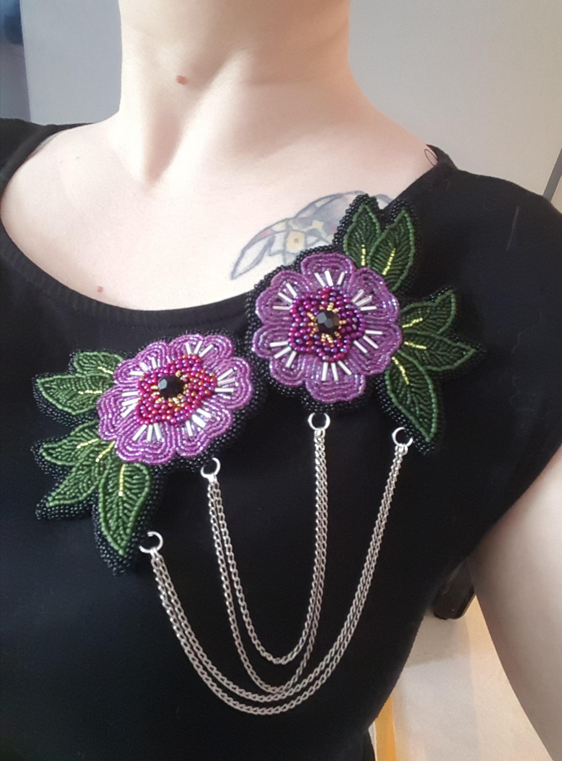 Bead embroidered flower double brooch | Scrolller