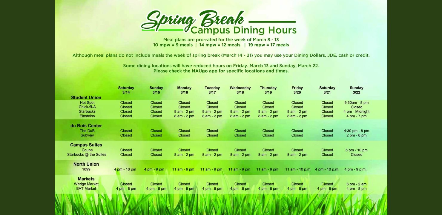 Because there is some confusion over campus dining. Here is their spring break schedule. They ...