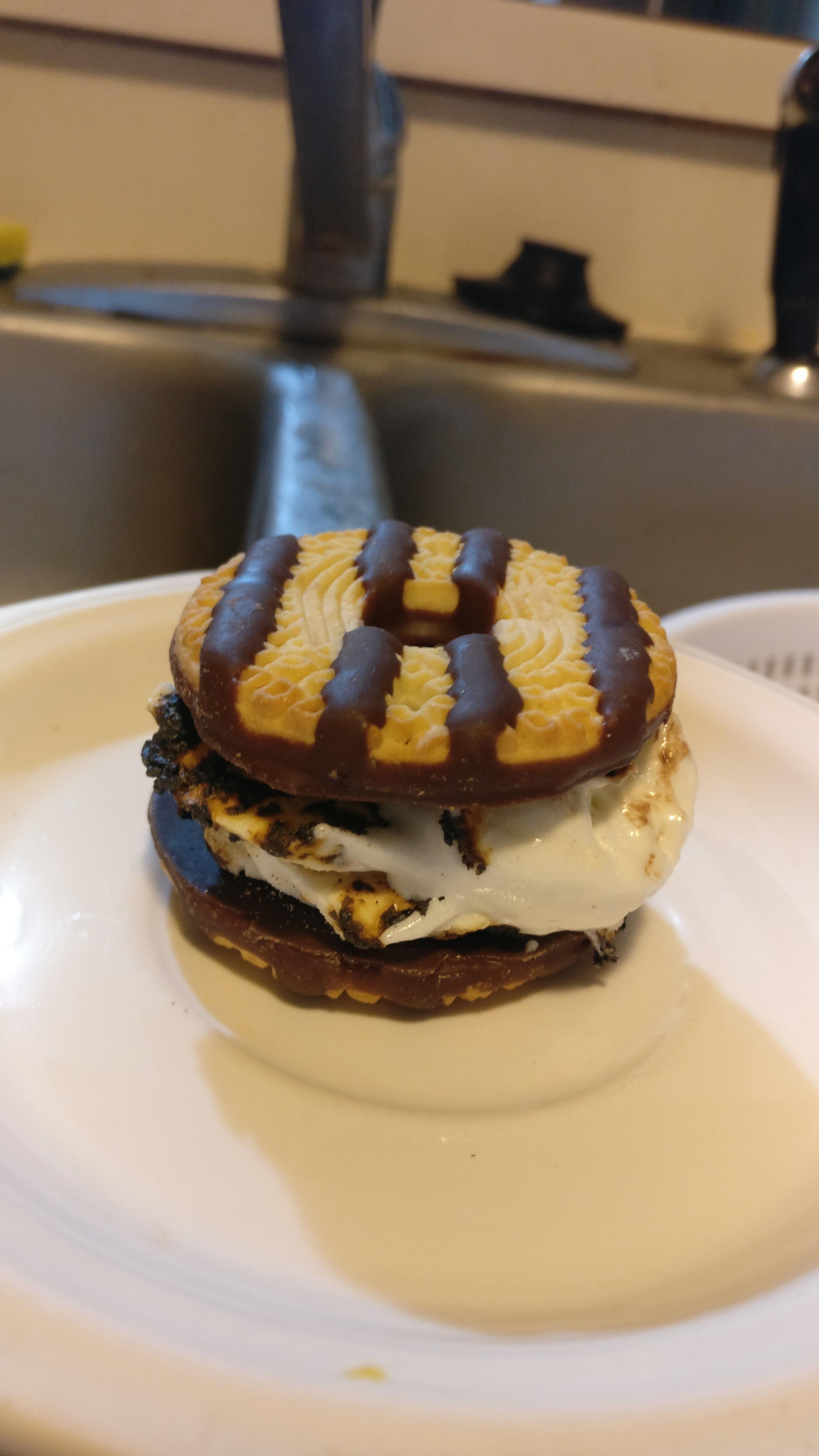 Budget smores. Fudge stripe cookies and marshmallows toasted over the ...