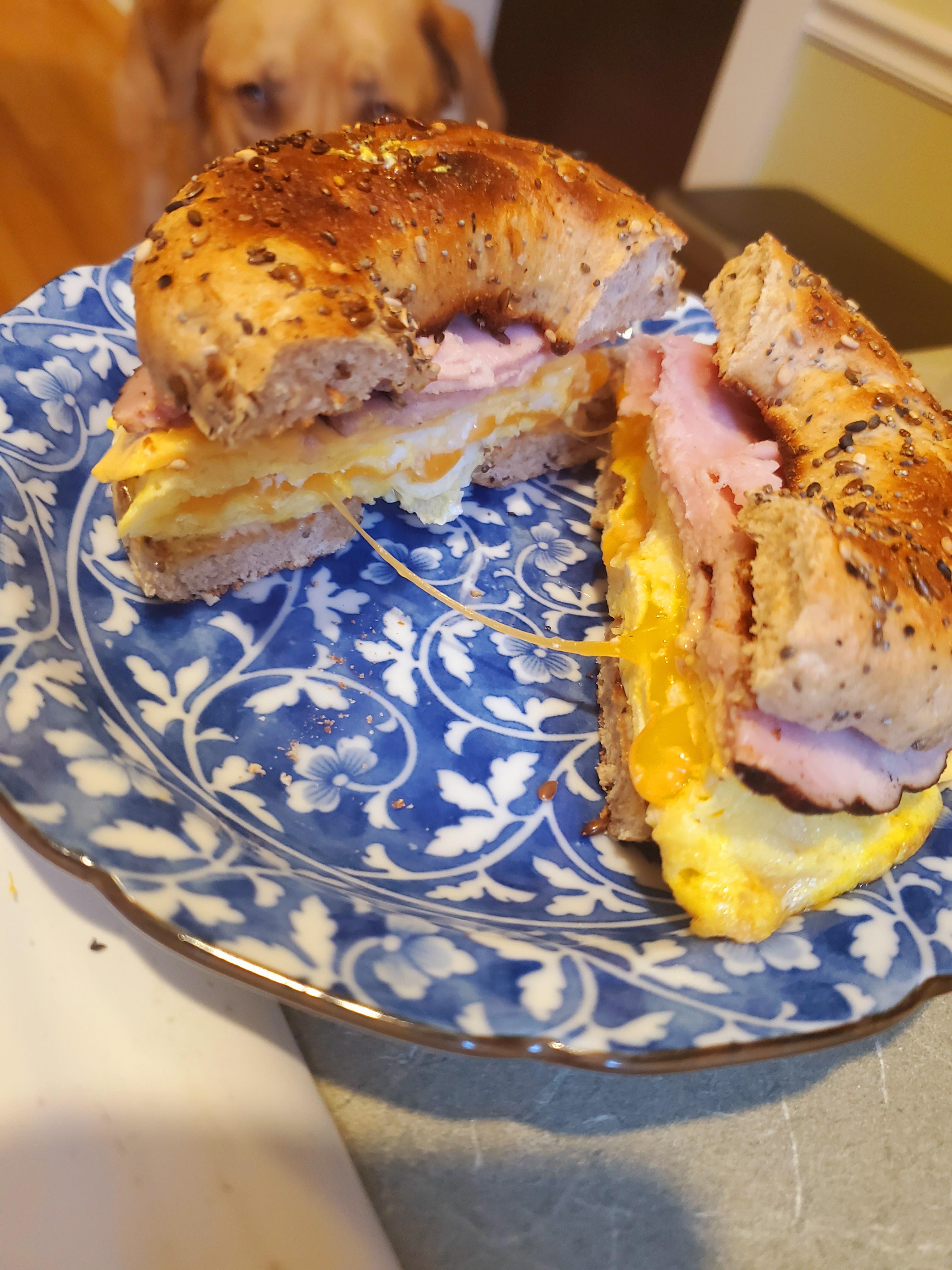 Cheese omelette, ham, and more cheese! On an everything bagel. | Scrolller
