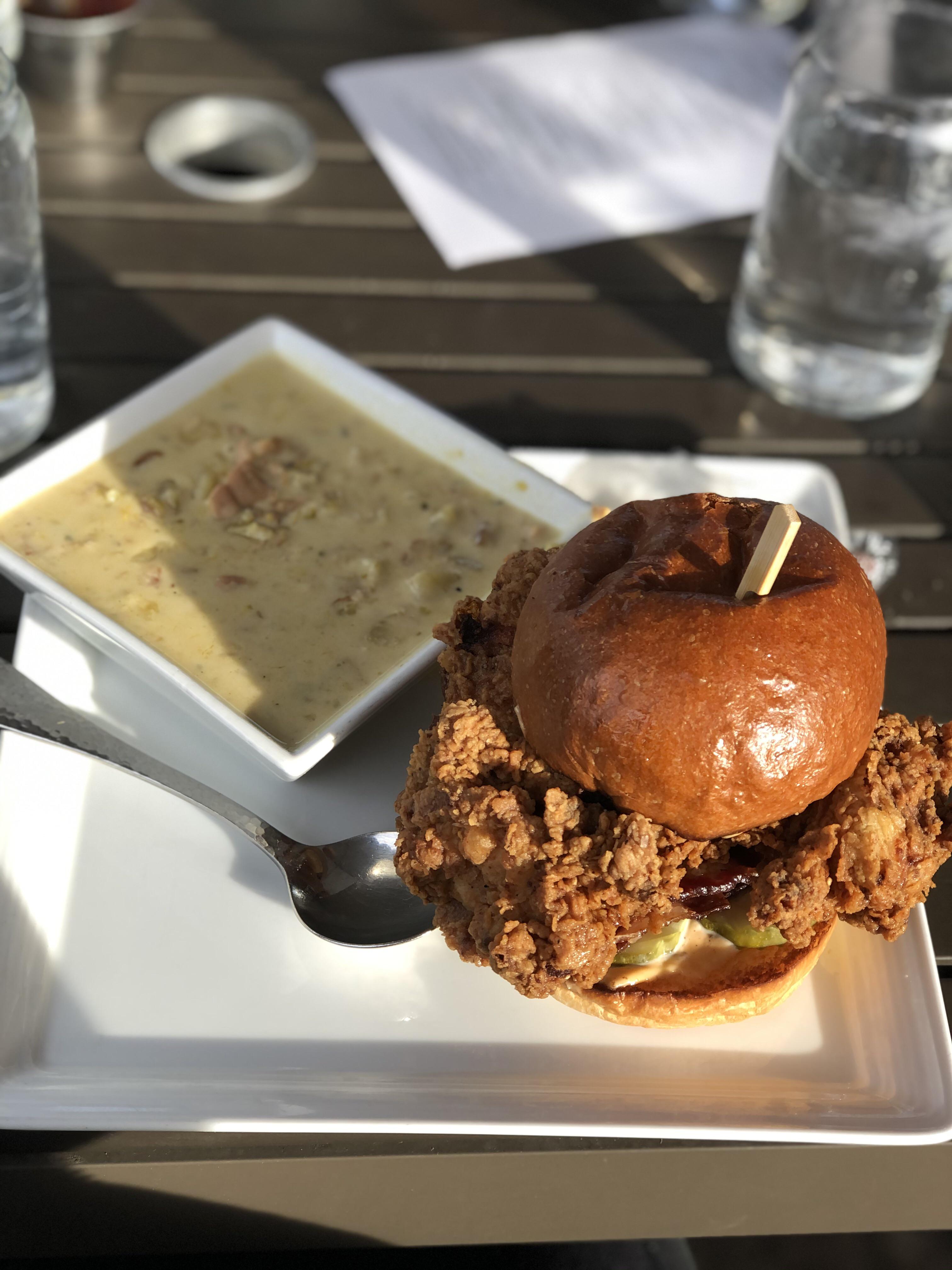 Clam chowder and fried chicken sandwich from Carson’s at Sunriver Resort | Scrolller