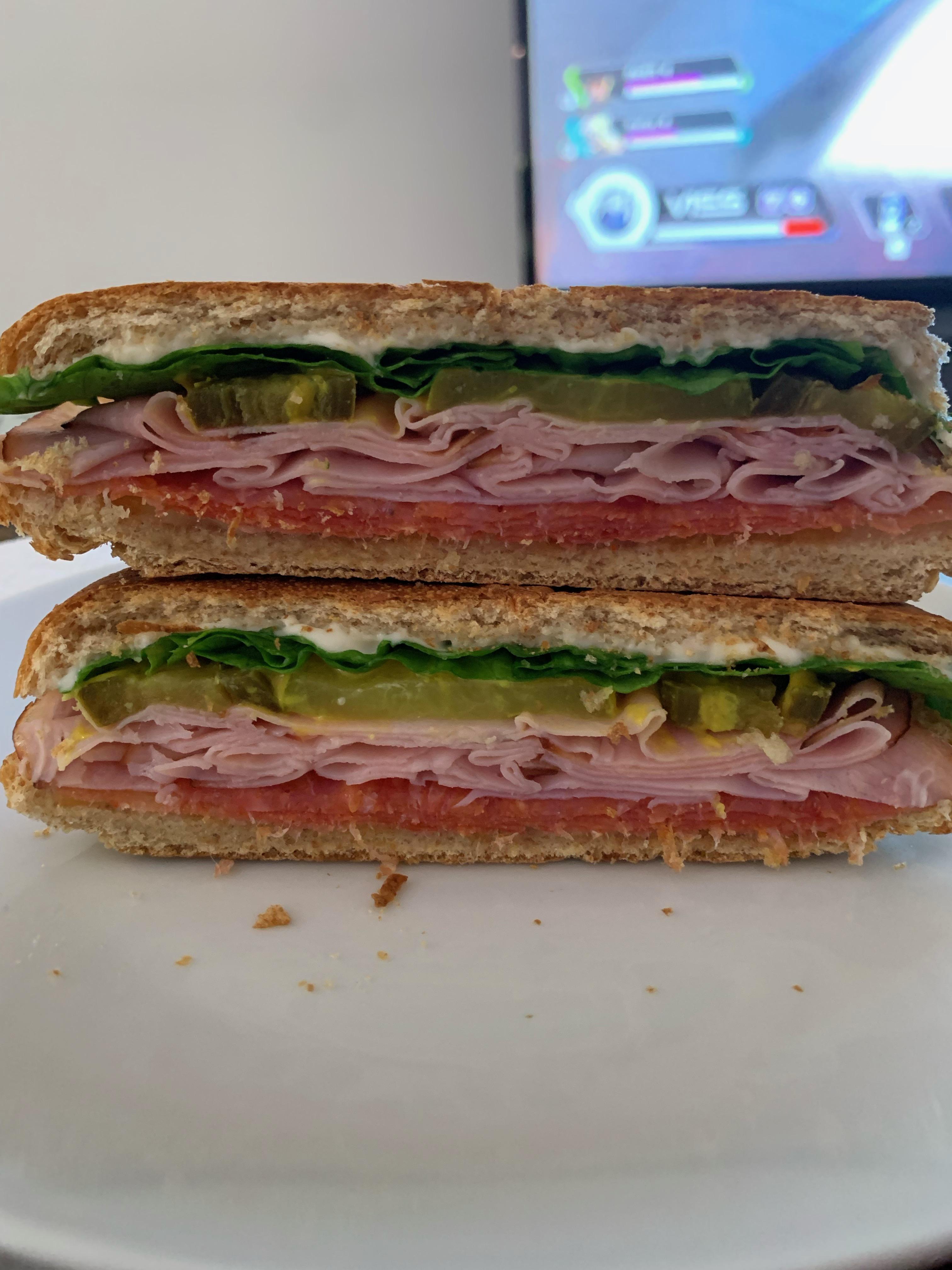 Classic lunch: ham, salami, marble cheddar, dill pickle, pickled jalapeños, mustard, mayo ...