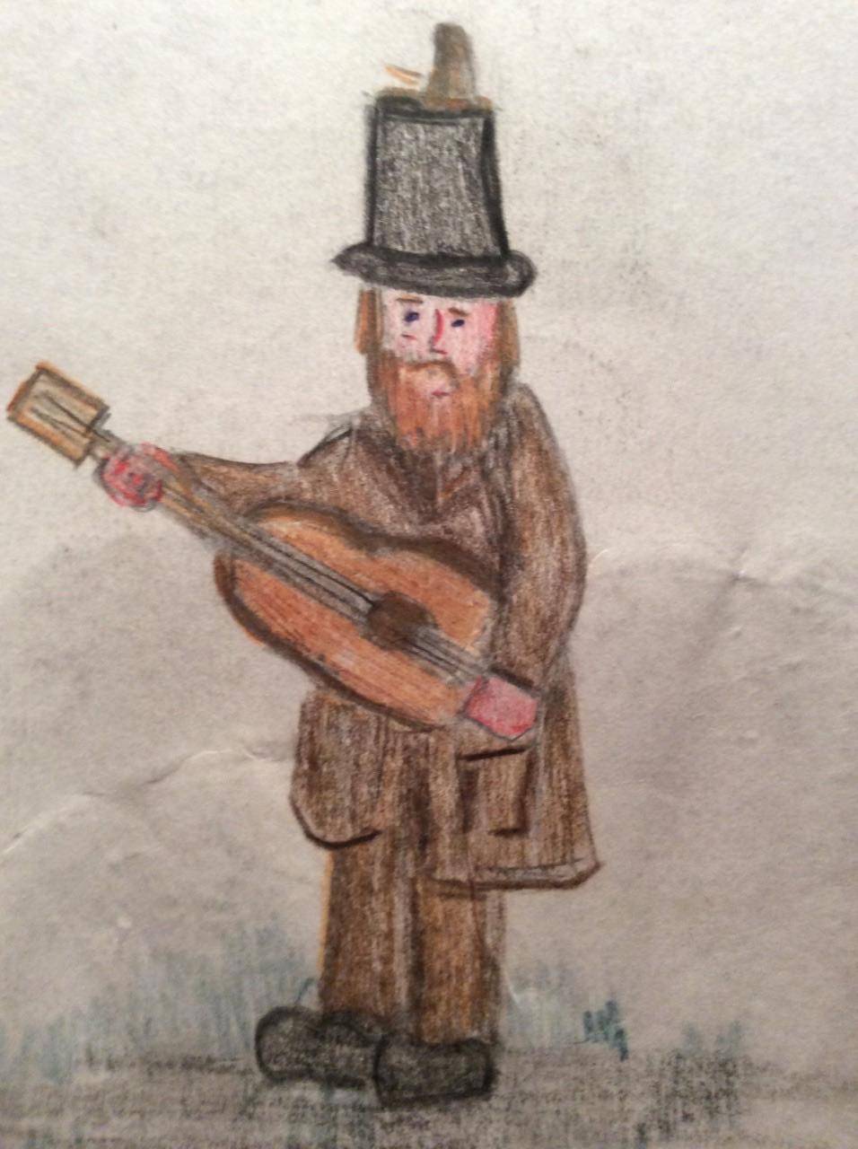 coloured pencil sketch of old man busking for spare change | Scrolller