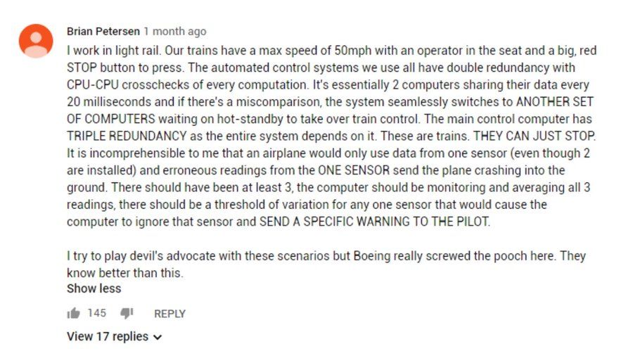Comparing the level of redundancy in a light rail train and the Boeing 737 Max MCAS system ...