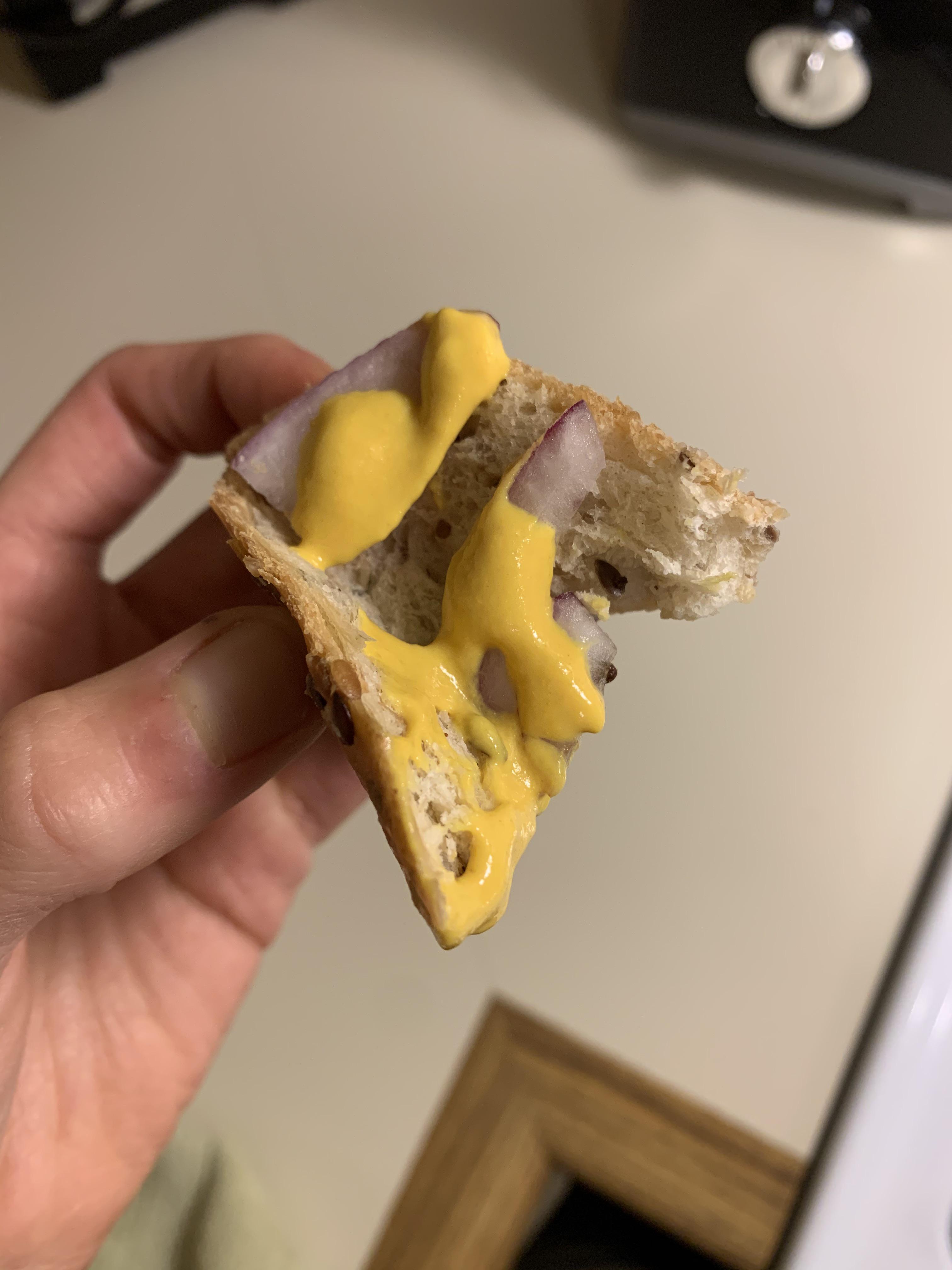 Corner piece of bread, raw red onion, yellow mustard 👌 | Scrolller