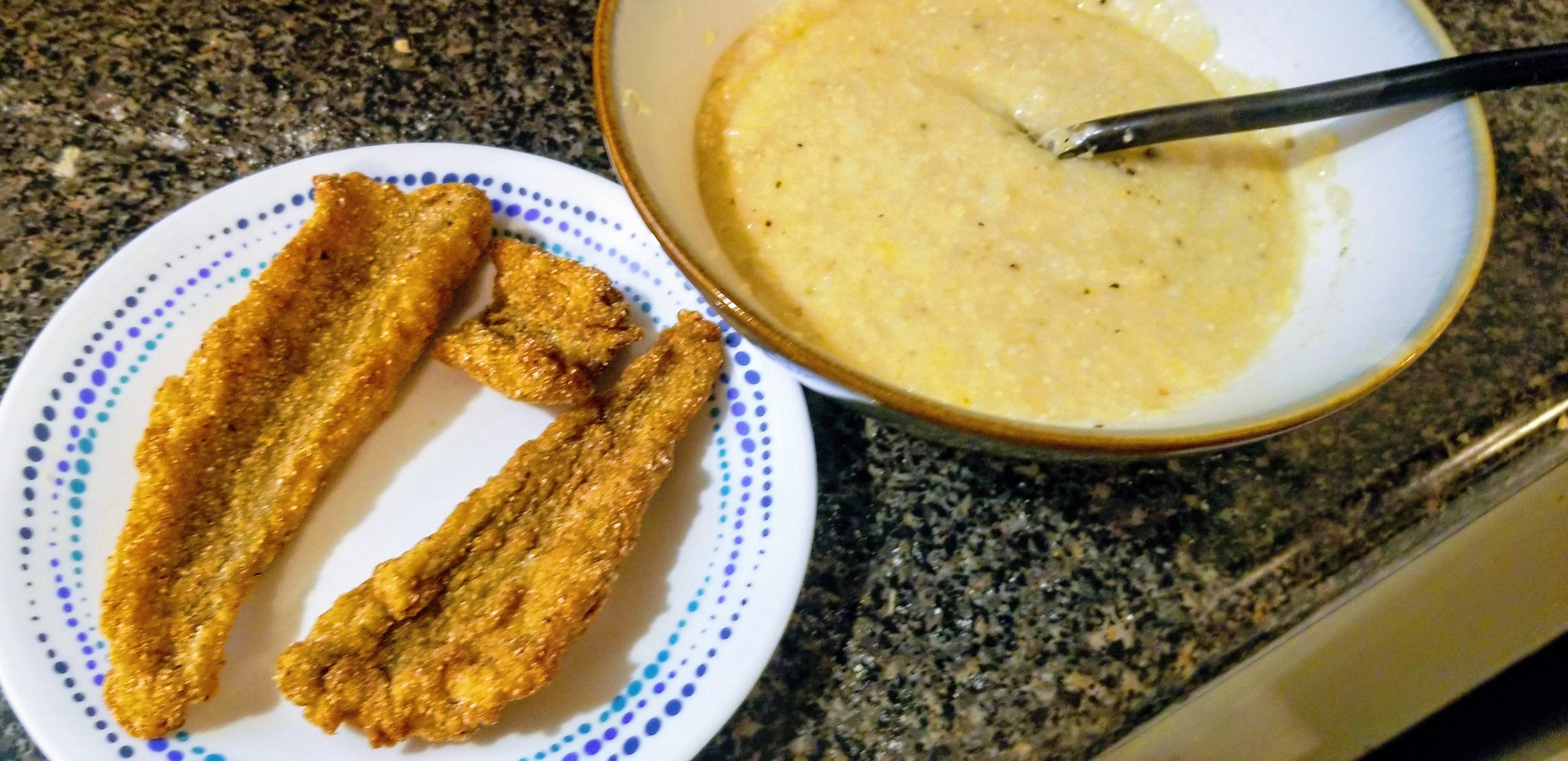 Cornmeal fried fish with Gouda cheese grits | Scrolller