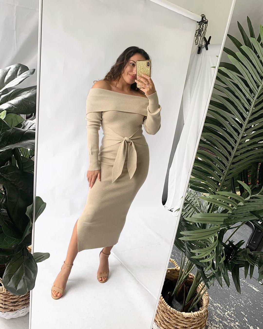 Cream woven off-shoulder and form-fitting | Scrolller