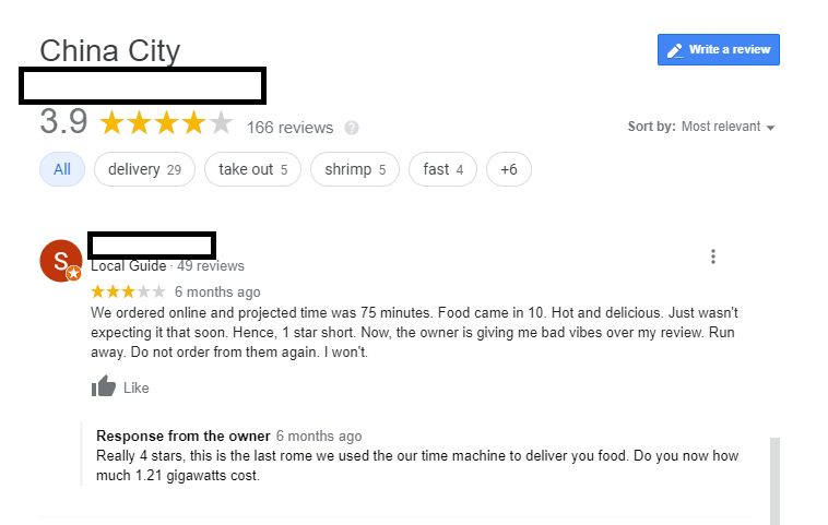 Customer didn't get the owner's Back To The Future reference to their review... | Scrolller