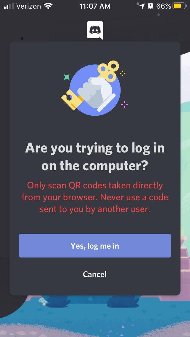 Discord lets you log in via a QR code and warns you to make sure of the origin. | Scrolller
