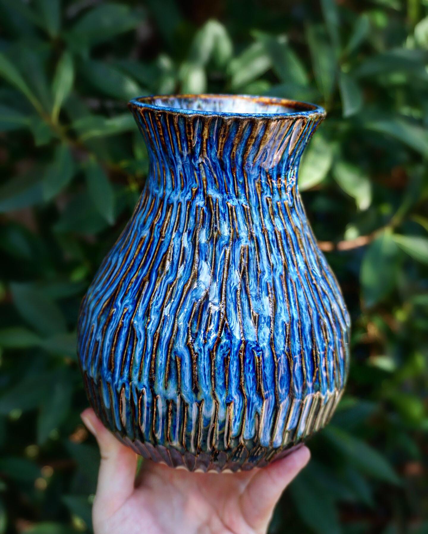 Electric Blue Carved Vase, Me, Clay/glaze, 2020 | Scrolller