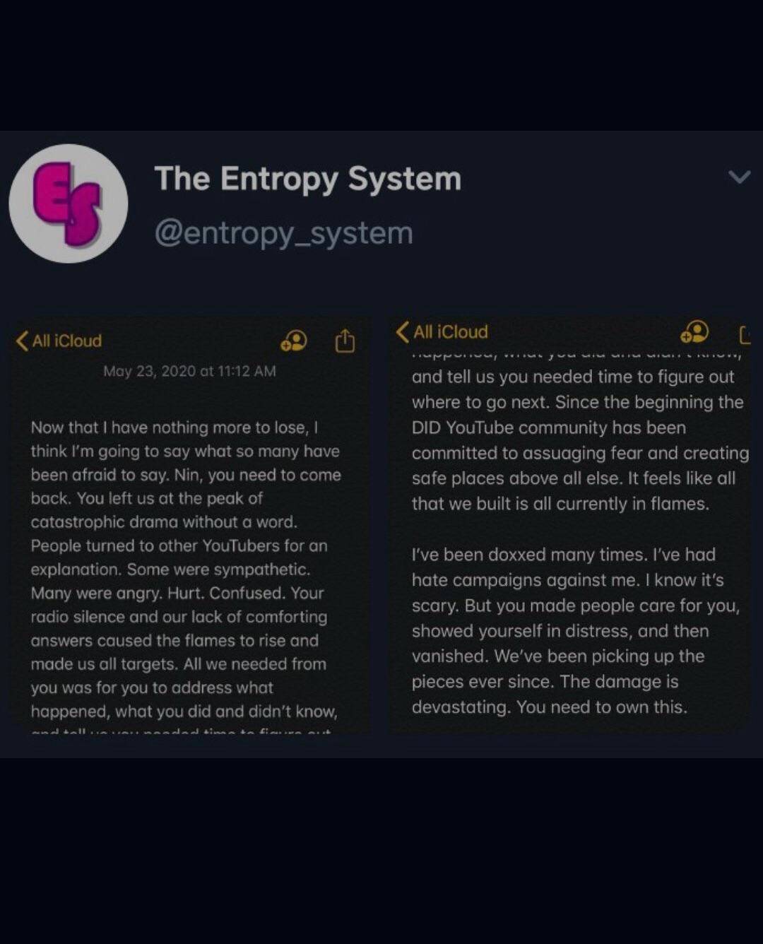 Entropy pointing out how Nin is dodging responsibility and hurting the community by manipulating ...
