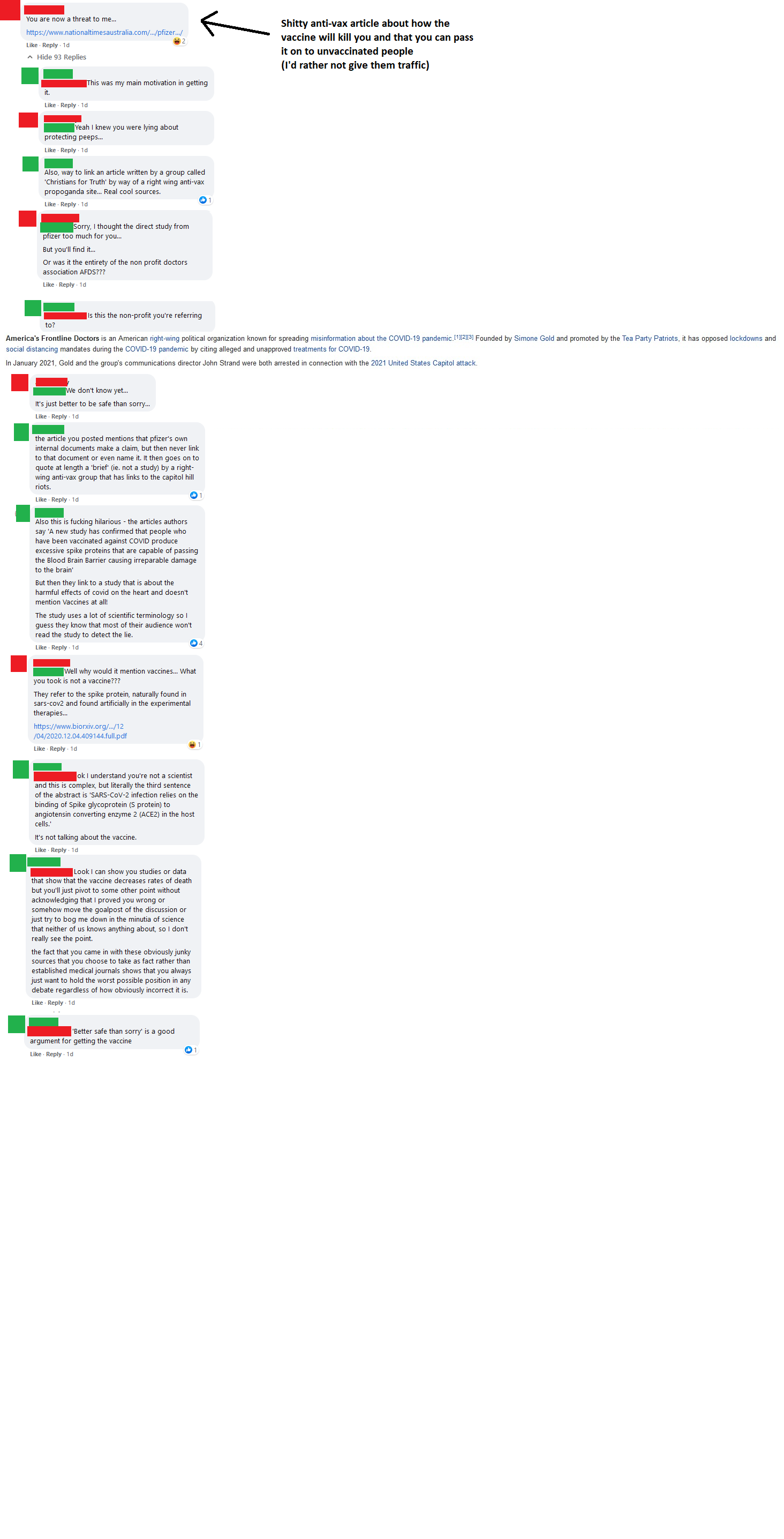 Excerpt of an argument I had with an anti-vaxxer on my post about getting the vaccine. | Scrolller