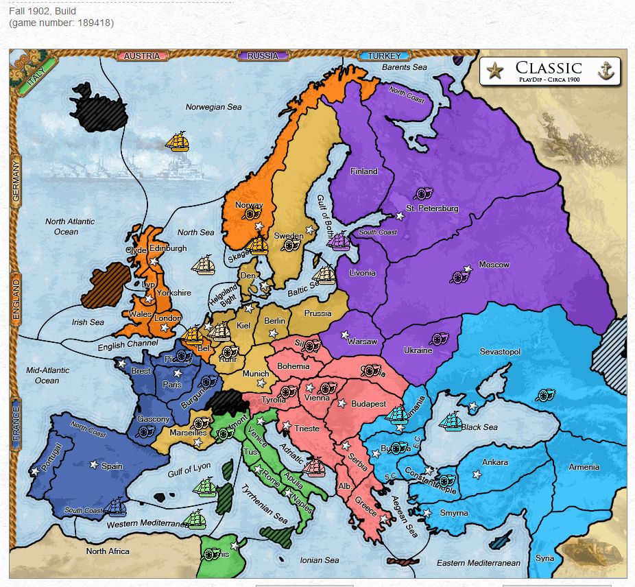 Fall 1902 Build. I'm England. Alliances Loosely England/France, Italy ...