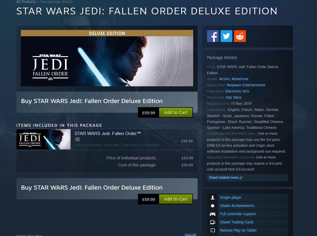 Fallen Order deluxe edition is literally just the base game except more expensive | Scrolller