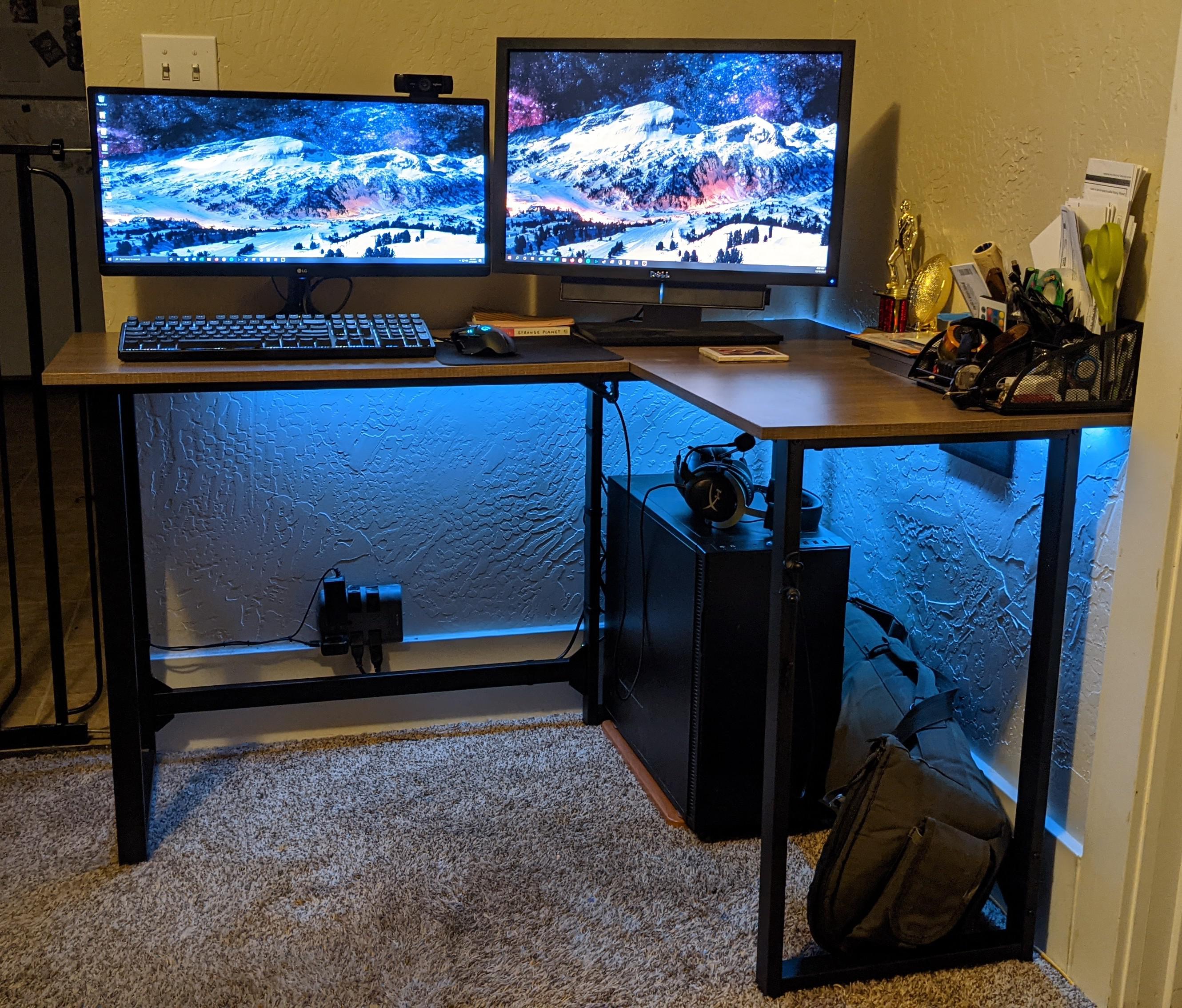 Finally have a proper desk for my small corner! Spent a fair amount of time on cable management ...