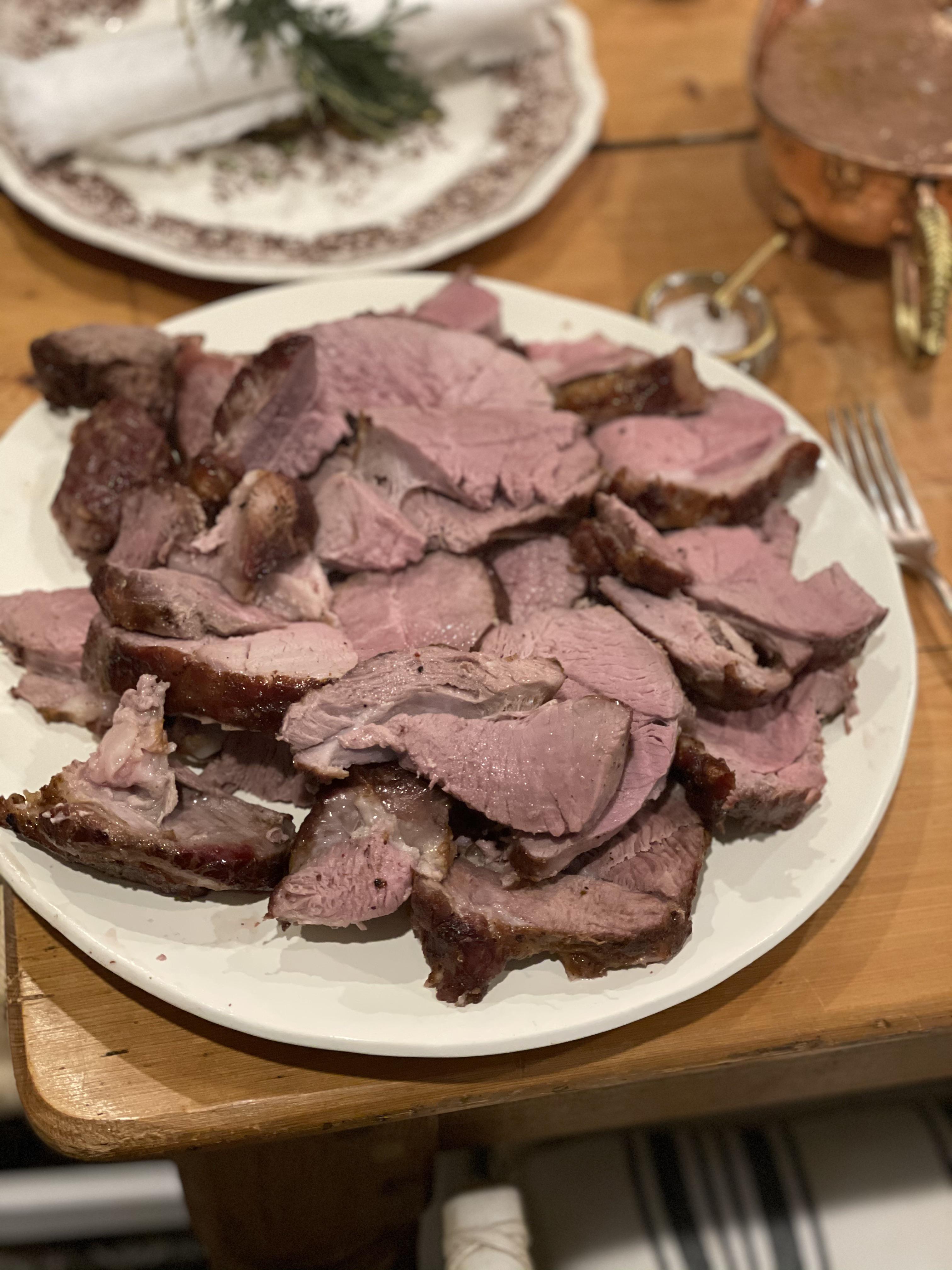 First lamb experiment -Boneless leg of lamb. 142F for 12 hr. Finished in oven - broiled 8 min ...