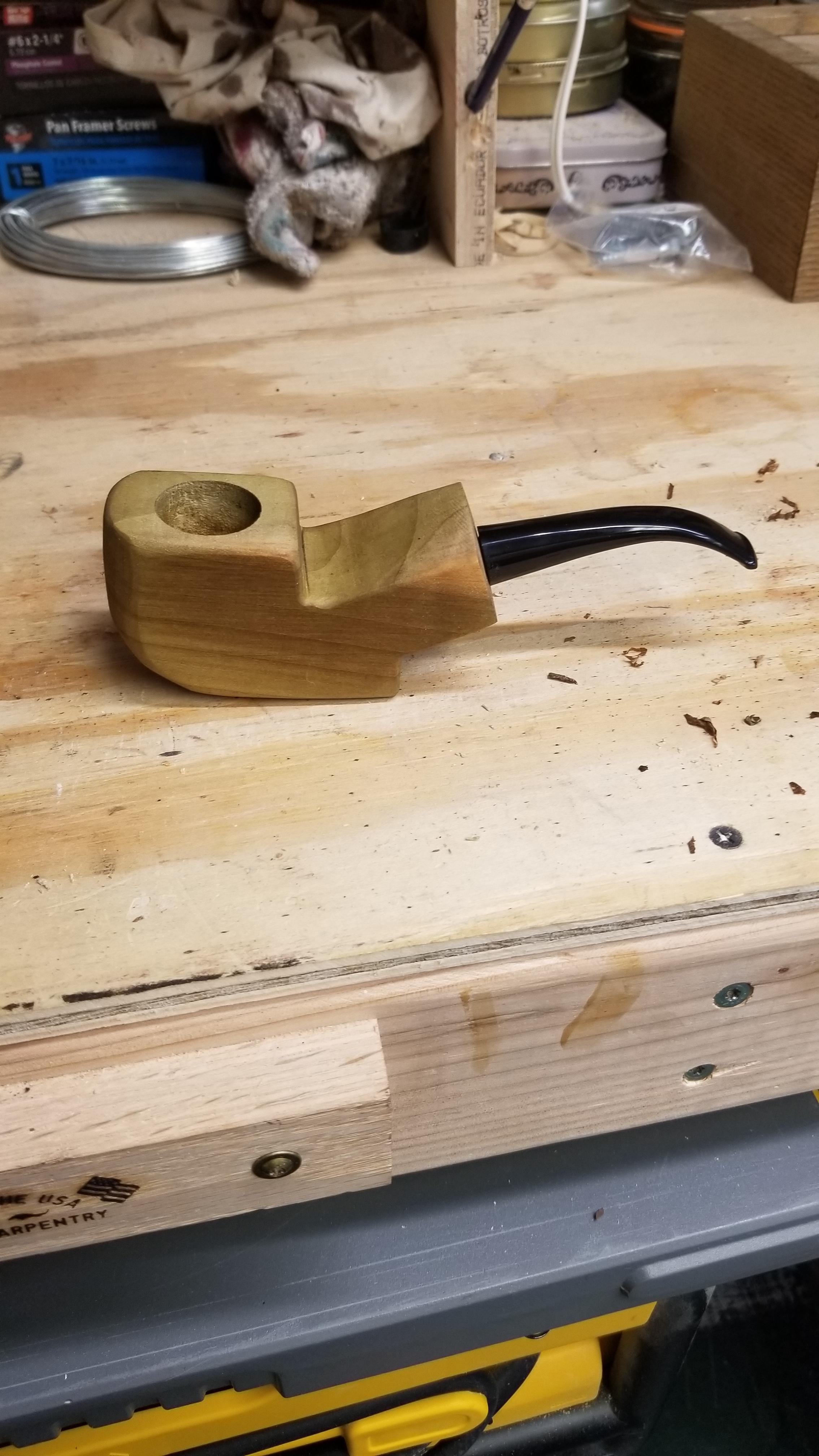 First smoke with my homemade pipe. Needed a shop pipe that will sit on the bench while I work ...