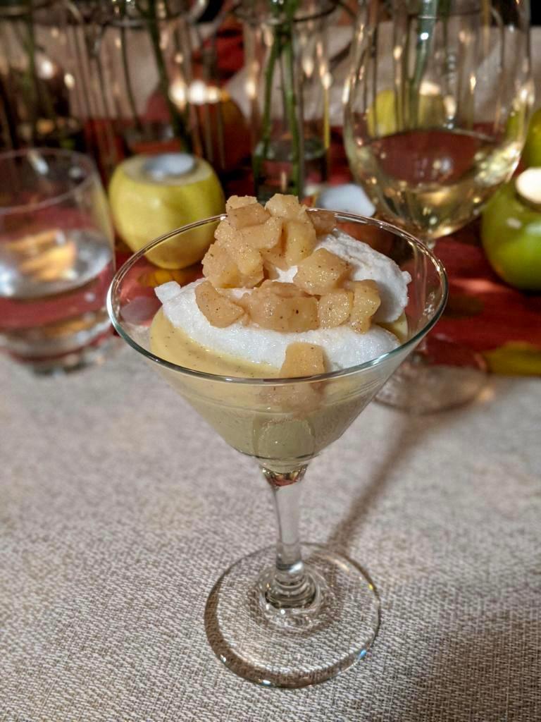 Floating Islands dessert topped with a spiced apple compote for a fall tasting menu. | Scrolller