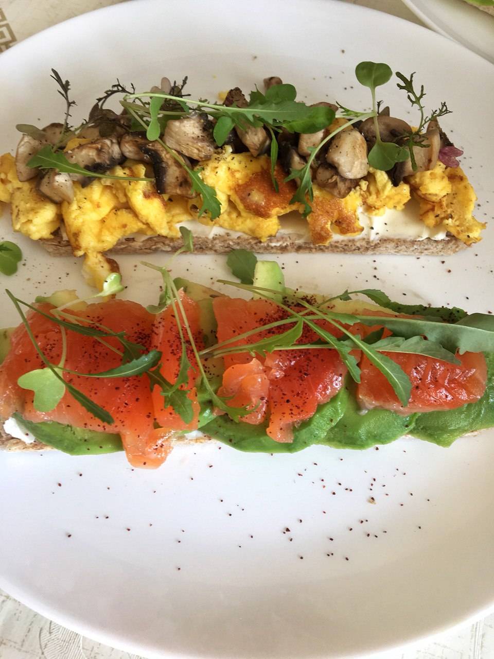 For Breakfast, I made toast with avocado cream cheese and salmon. And cream cheese, eggs, and ...