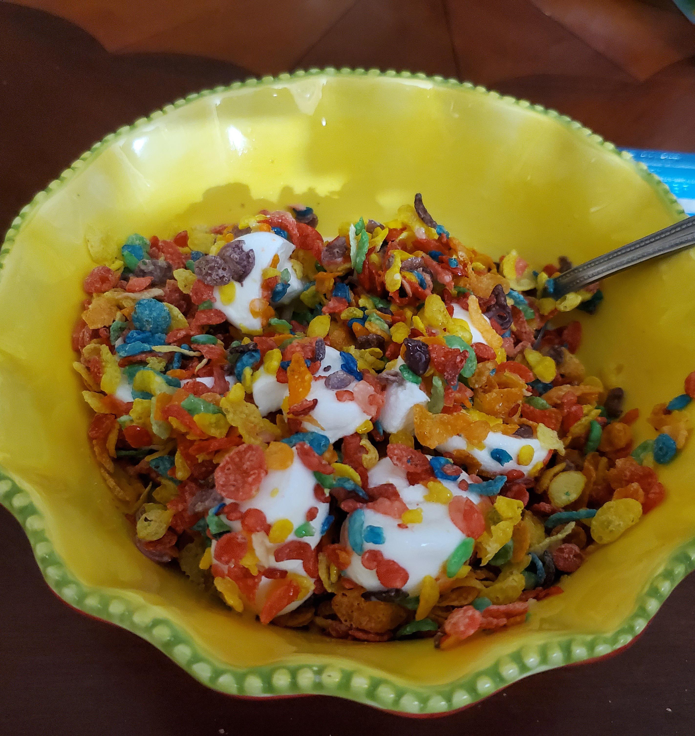 Fruity Pebbles with cut up Marshmallows (crispy treats in a bowl) | Scrolller