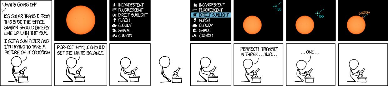 Full ISS solar transit comic - xkcd 1828 and 1830 stitched together | Scrolller