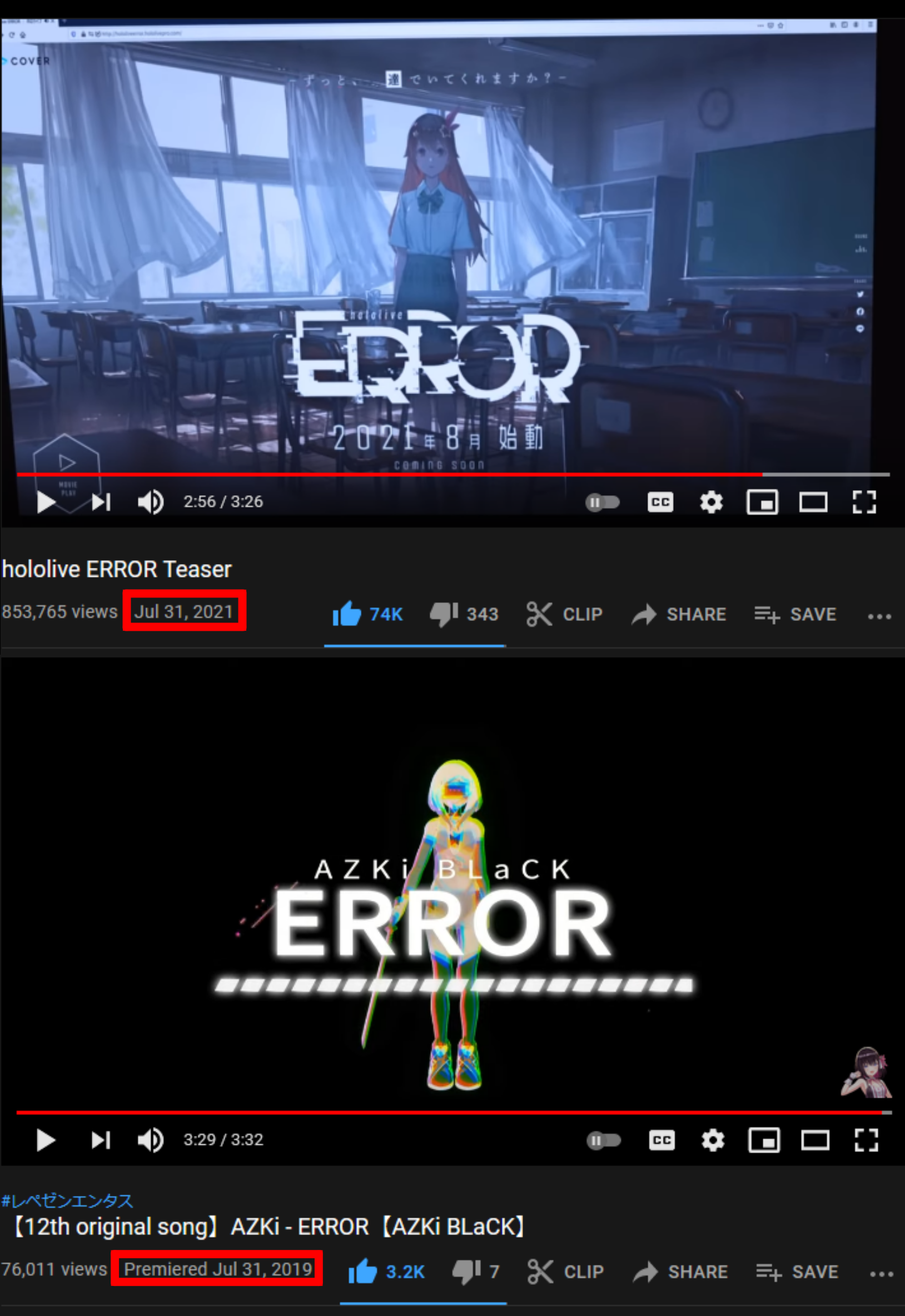 Fun fact, Hololive ERROR teaser was released exactly 2 years after AZKi ERROR original song ...