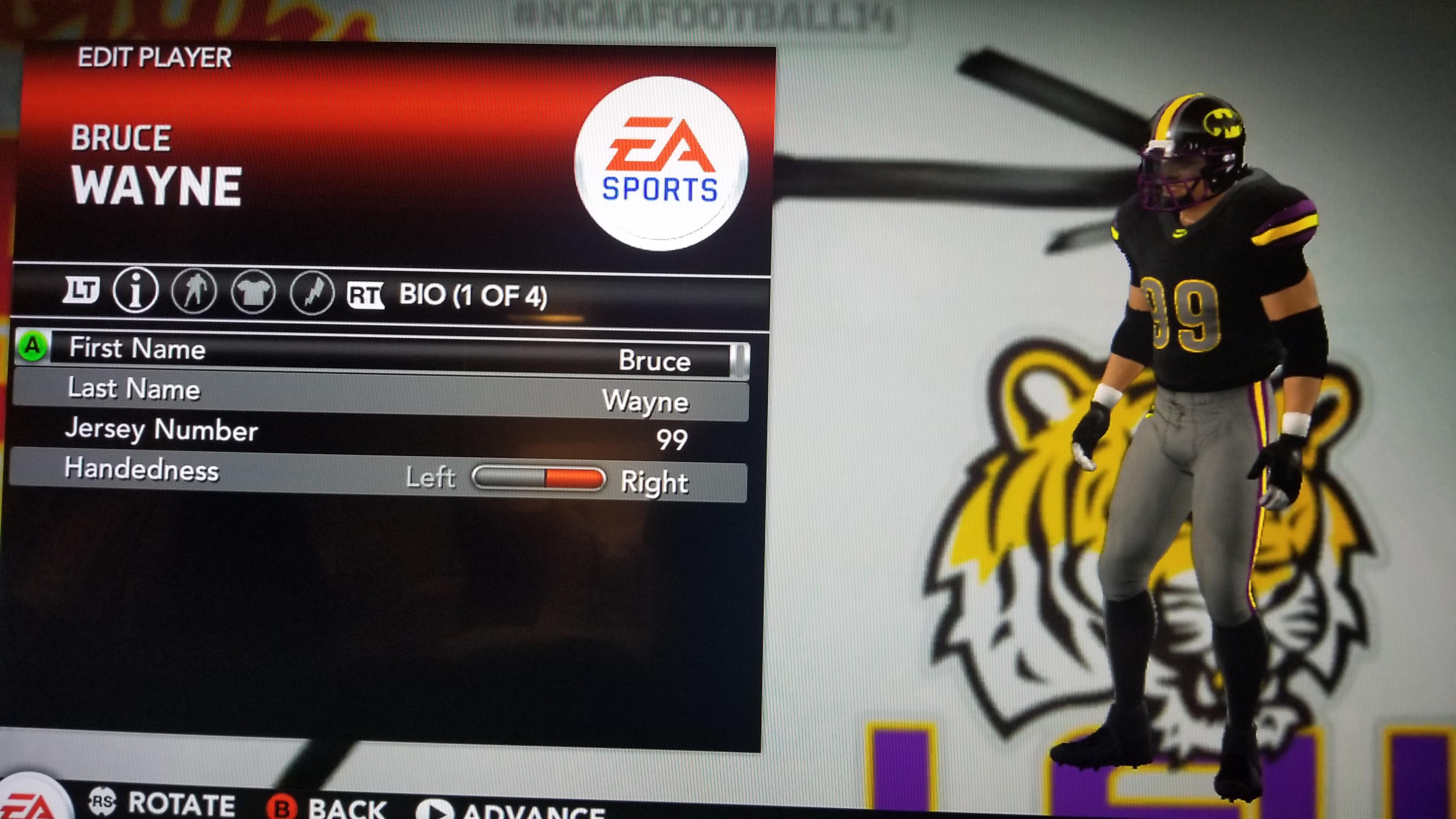 Batman themed dynasty- Gotham City University. Starting both ways at OLB and FB #99 Bruce Wayne ...