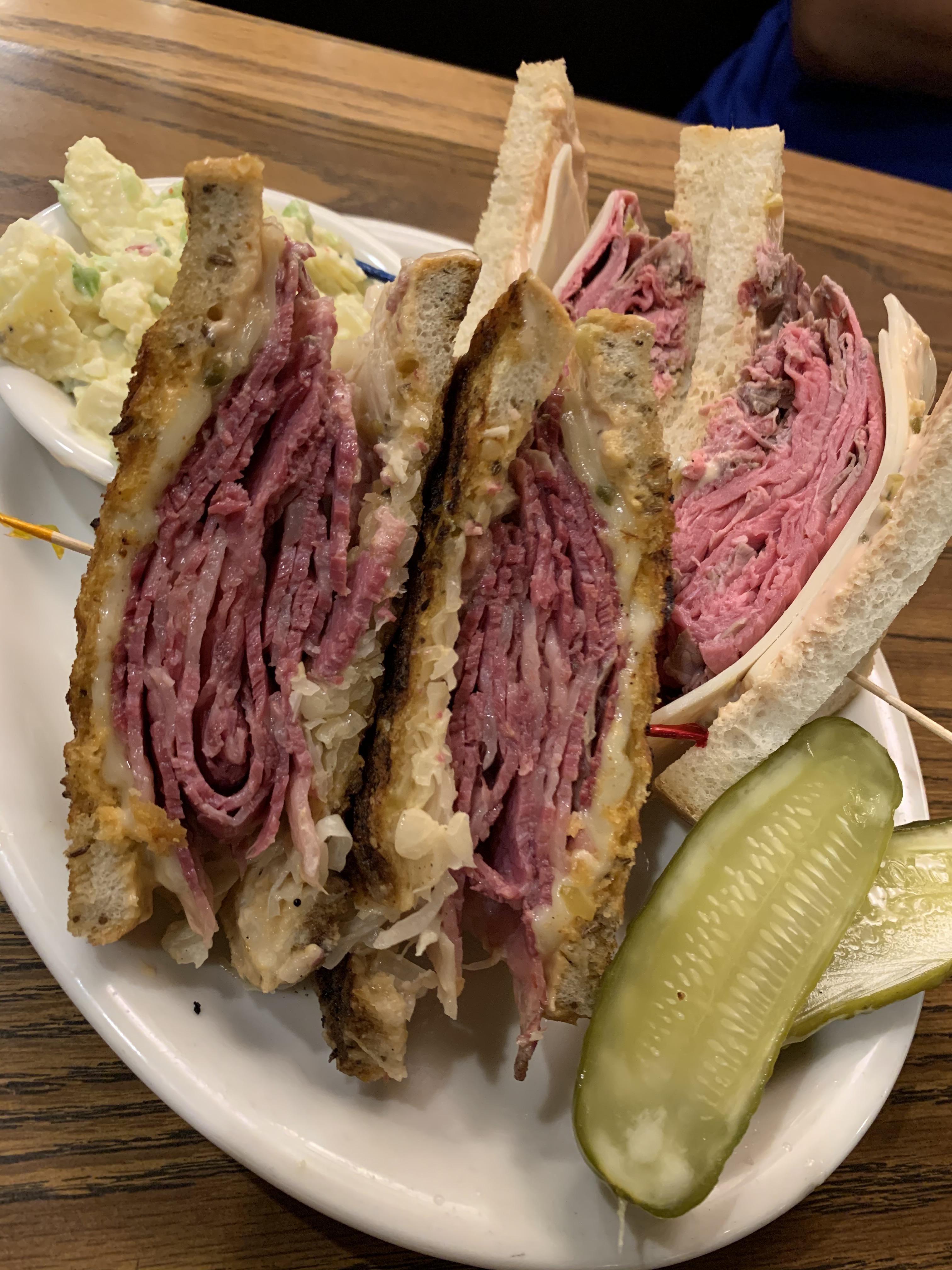 Grilled corned beef on rye, and roast beef with provolone on country white at Greenblatt’s ...