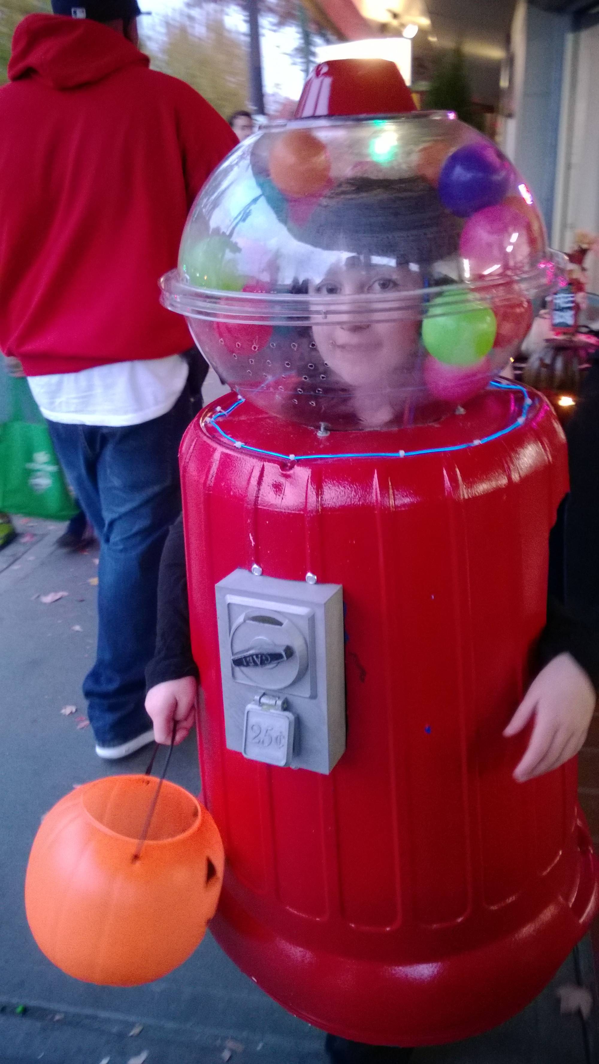 Gumball machine costume for my eight year old daughter with a 3D printed dispenser so she could ...