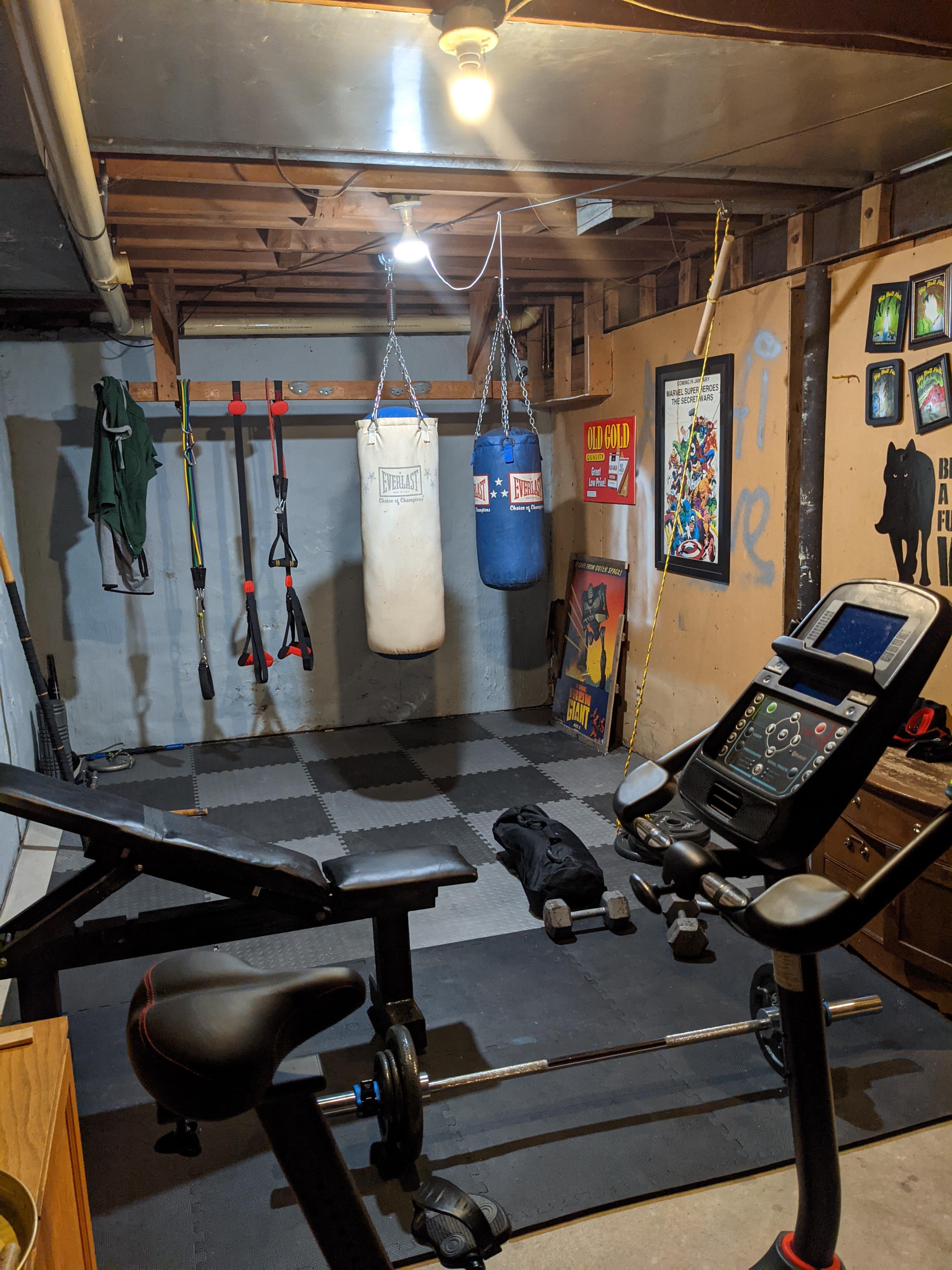 Home gym in the basement - aka dungeon. Hodge podge of equipment purchased and made | Scrolller