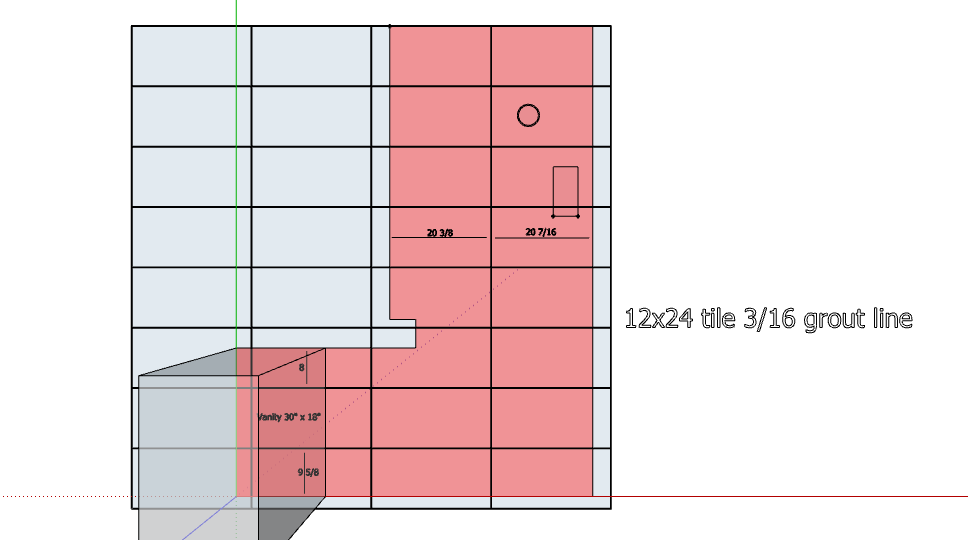How does this tile layout look? 12x24 tile in a 35sqft floor space bathroom. Red is floor space ...